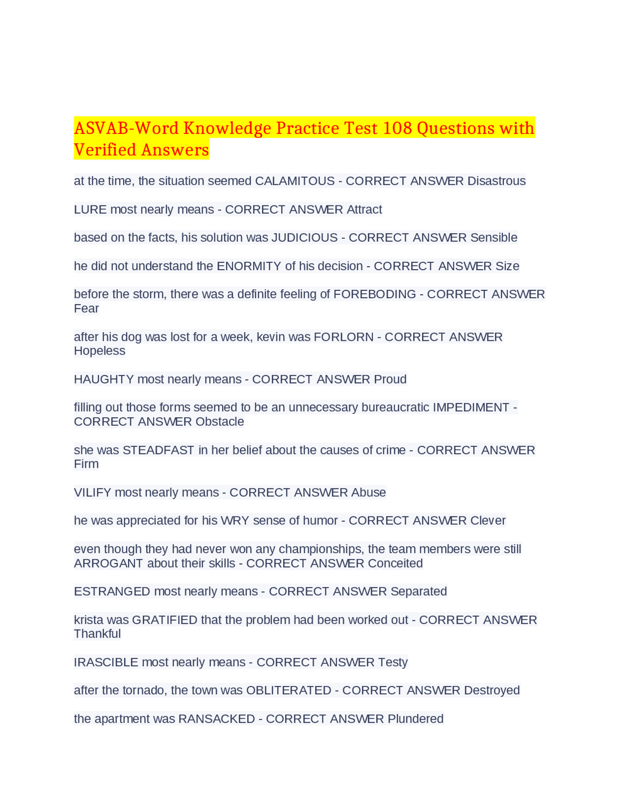 ASVAB-Word Knowledge Practice Test 108 Questions with Verified Answers ...