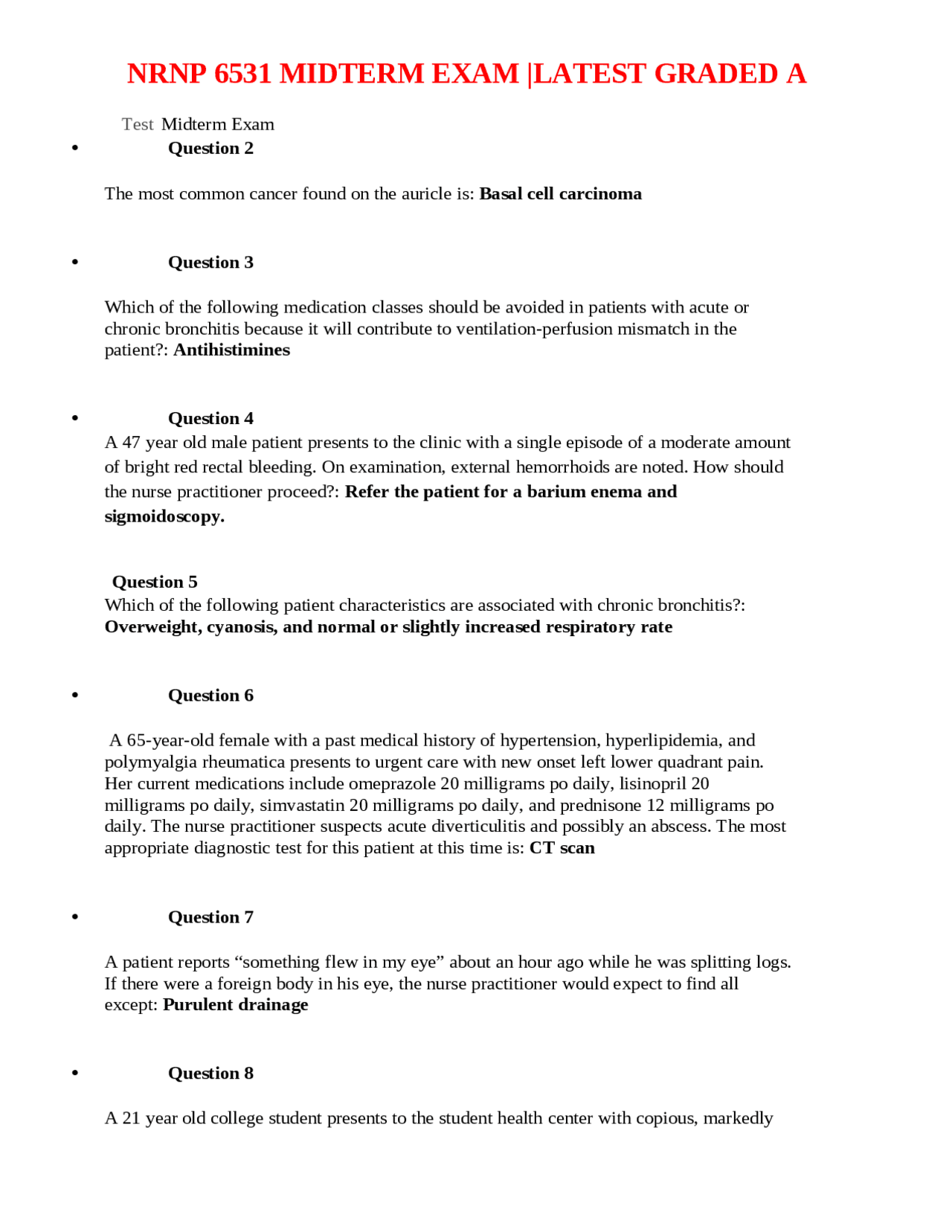 Midterm Exam for NRNP 6531 Nursing Course | Exams Nursing | Docsity