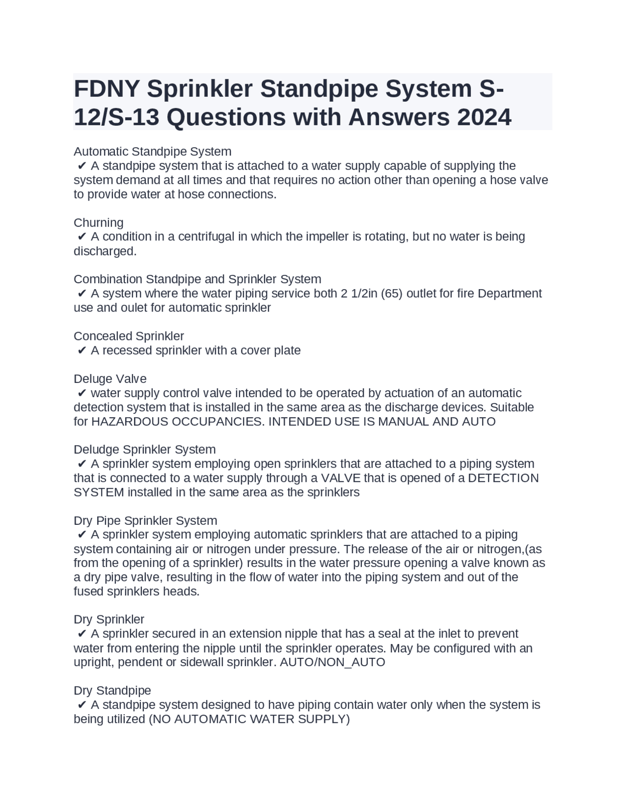 FDNY Sprinkler Standpipe System S-12/S-13 Questions with Answers 2024 ...