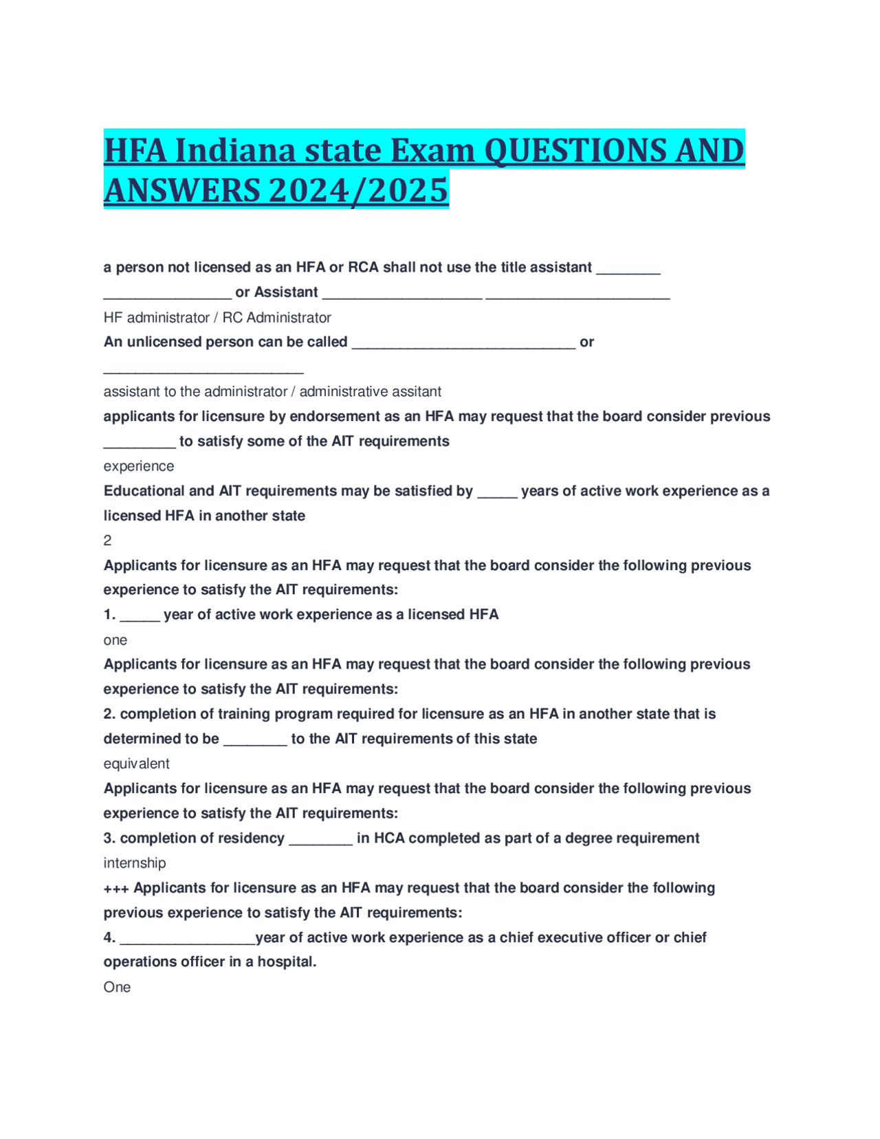 HFA Indiana state Exam QUESTIONS AND ANSWERS 2024/2025 | Exams Law ...