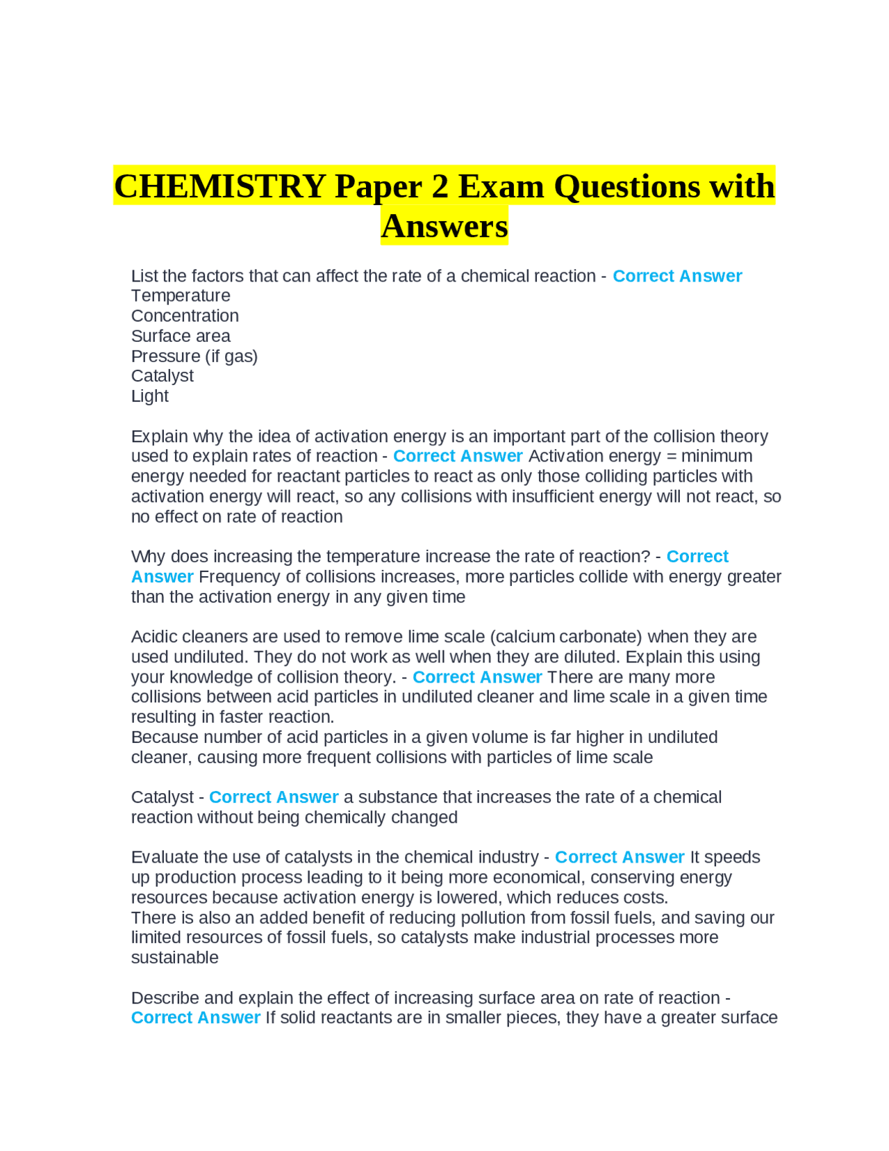 CHEMISTRY Paper 2 Exam Questions with Answers | Exams Chemistry | Docsity
