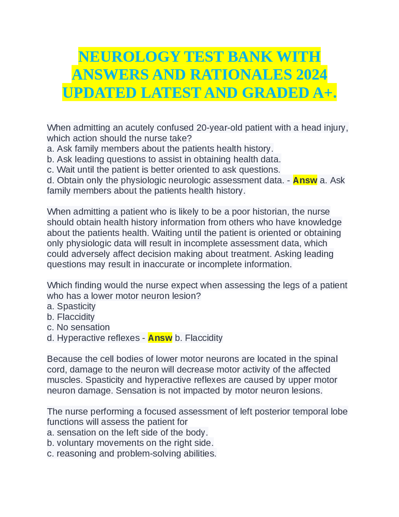 NEUROLOGY TEST BANK WITH ANSWERS AND RATIONALES 2024 UPDATED LATEST AND ...