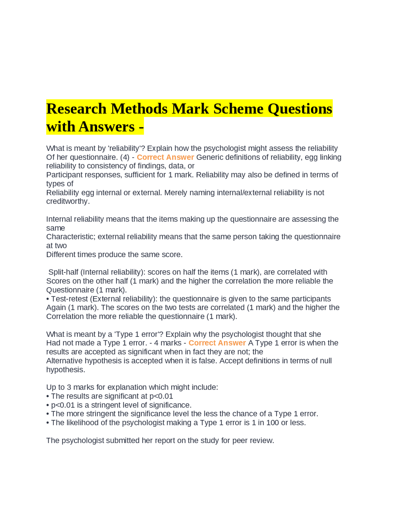Research Methods Mark Scheme Questions with Answers - | Exams Chemistry ...