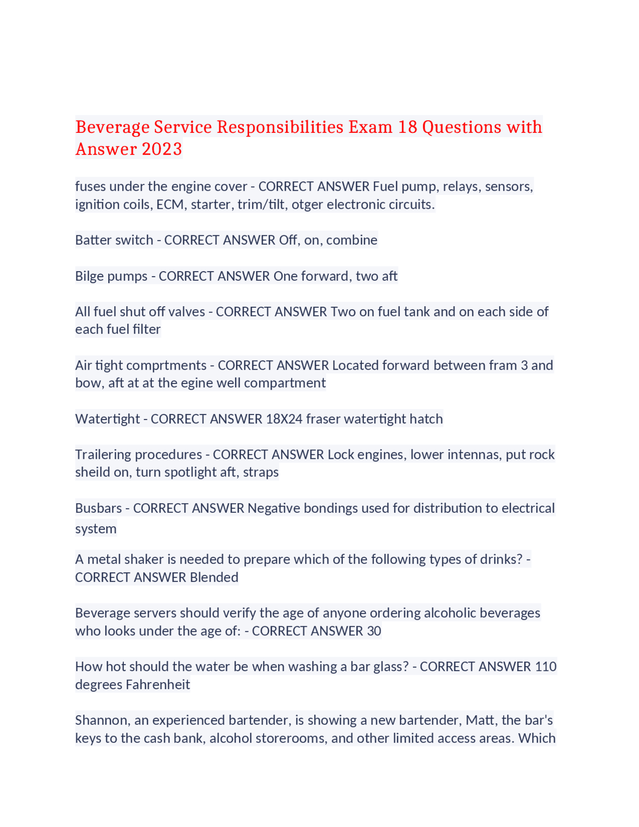 Beverage Service Responsibilities Exam 18 Questions with Answer 2023 ...