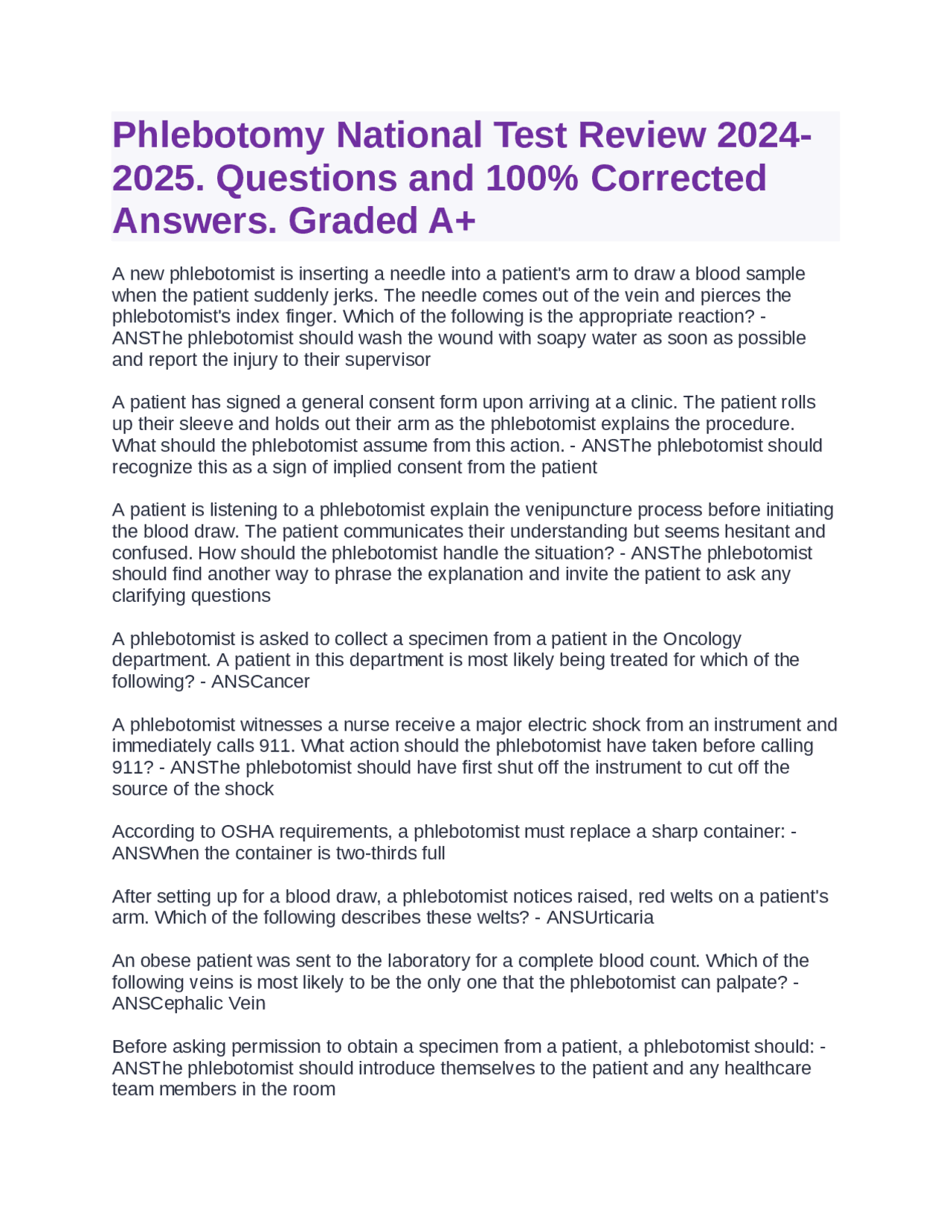 Phlebotomy National Test Review 2024-2025. Questions and 100% Corrected ...