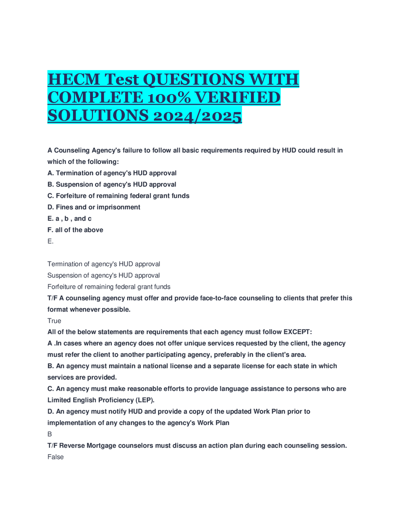 HECM Test QUESTIONS WITH COMPLETE 100% VERIFIED SOLUTIONS 2024/2025 ...