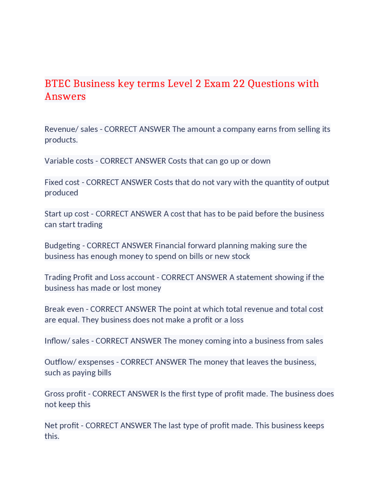 BTEC Business key terms Level 2 Exam 22 Questions with Verified Answers ...