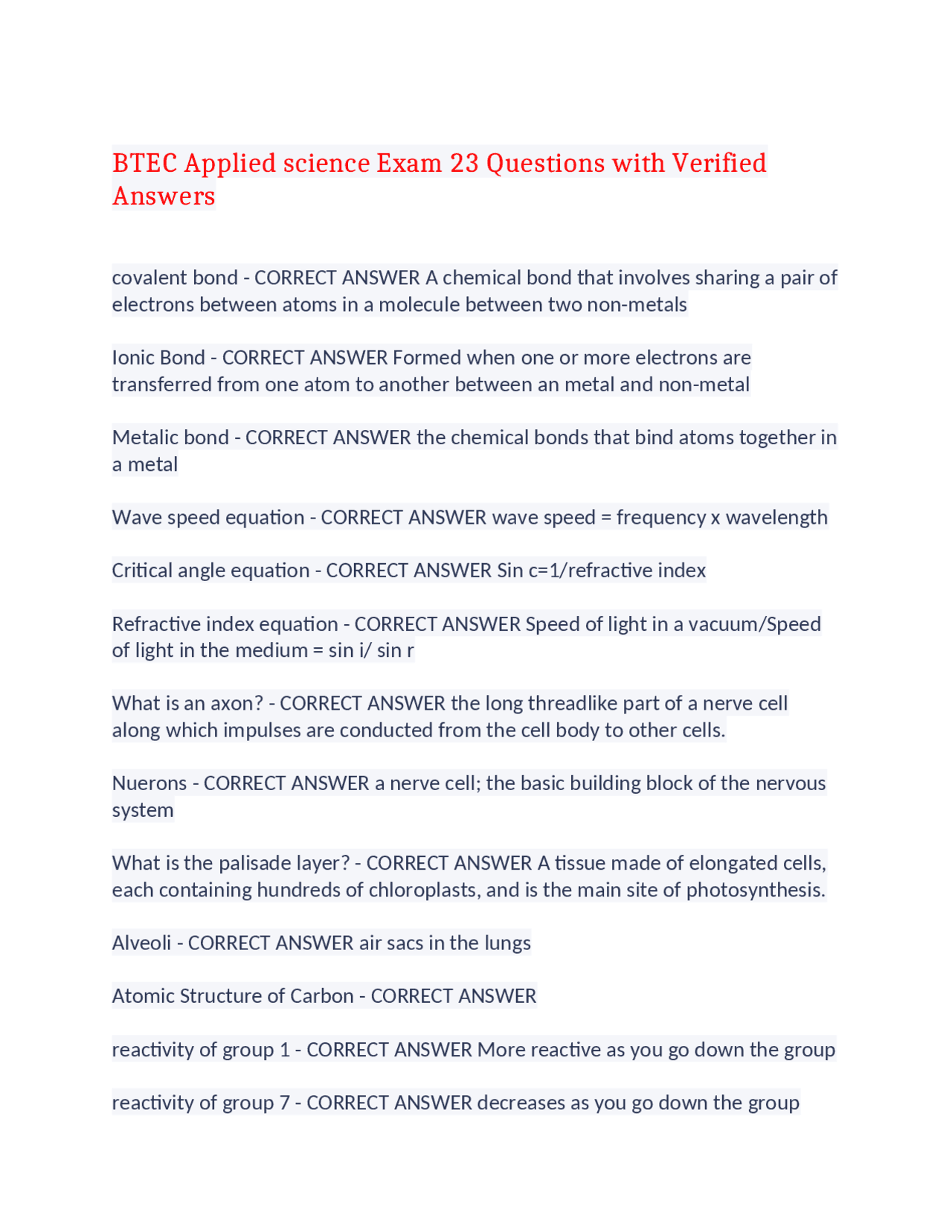 BTEC Applied science Exam 23 Questions with Verified Answers,100% ...