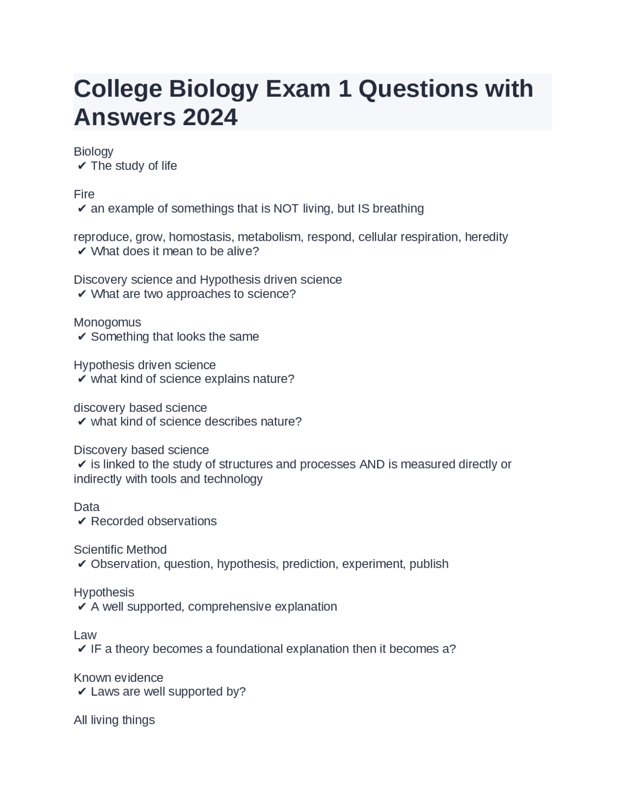 College Biology Exam 1 Questions with Answers 2024 | Exams Biology ...