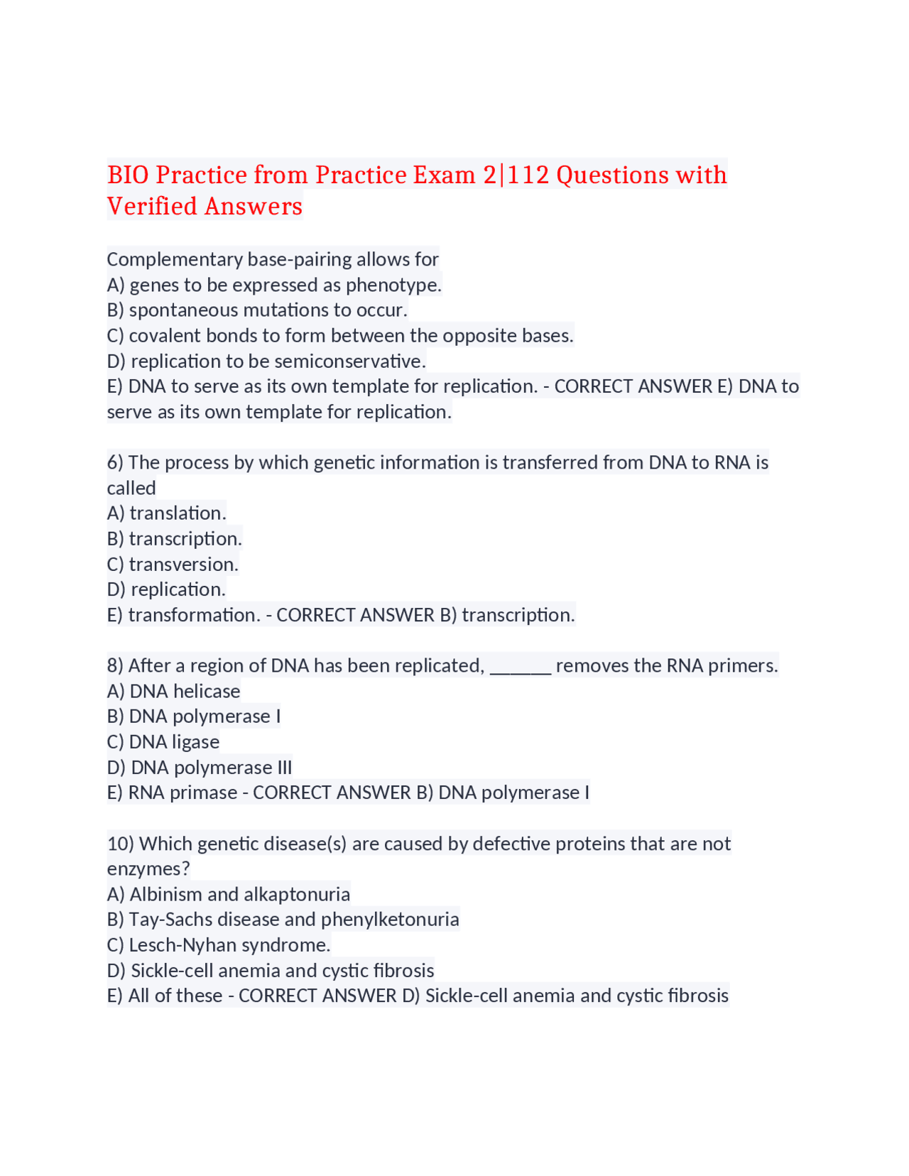 BIO Practice from Practice Exam 2|112 Questions with Verified Answers ...