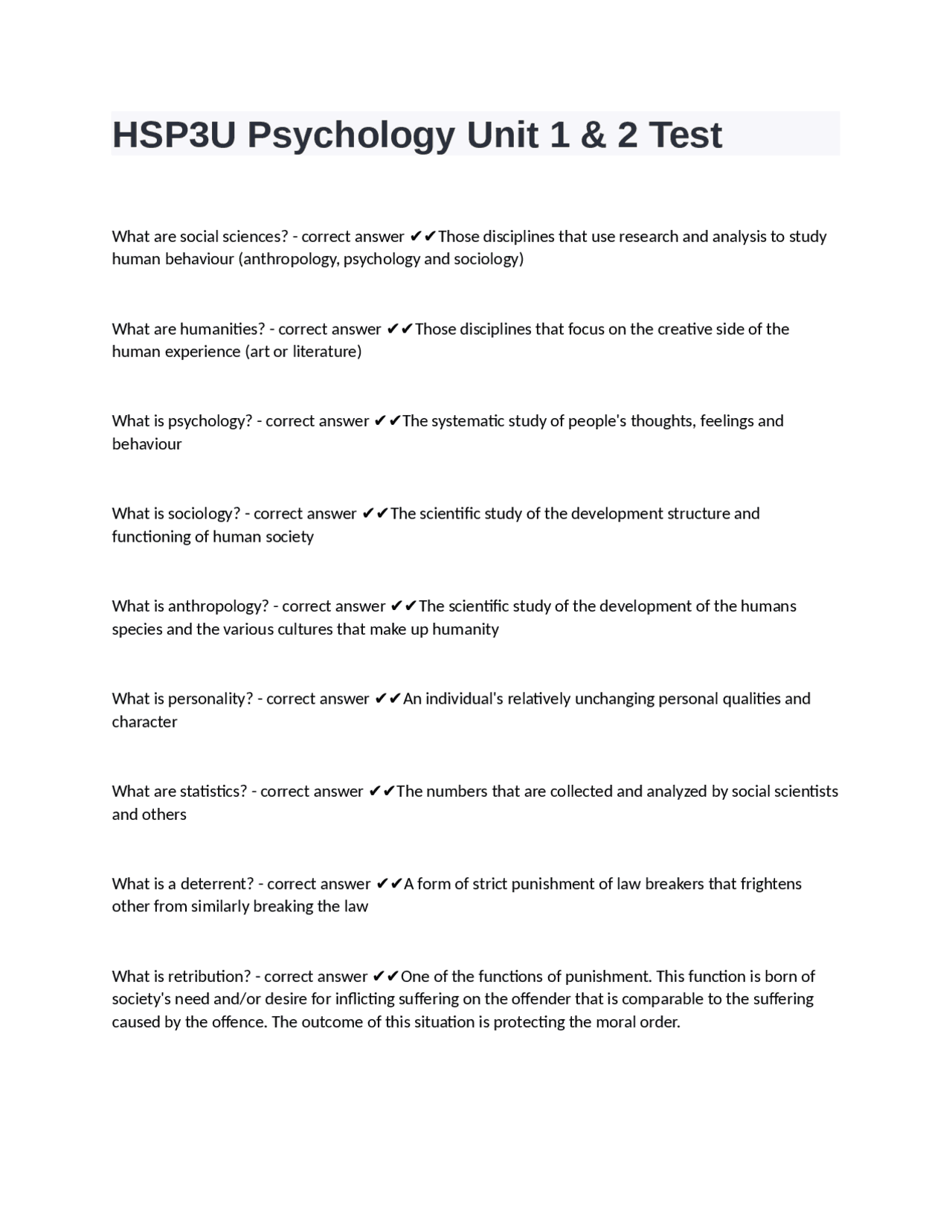 HSP3U Psychology Unit 1 & 2 Test with complete solutions | Exams ...