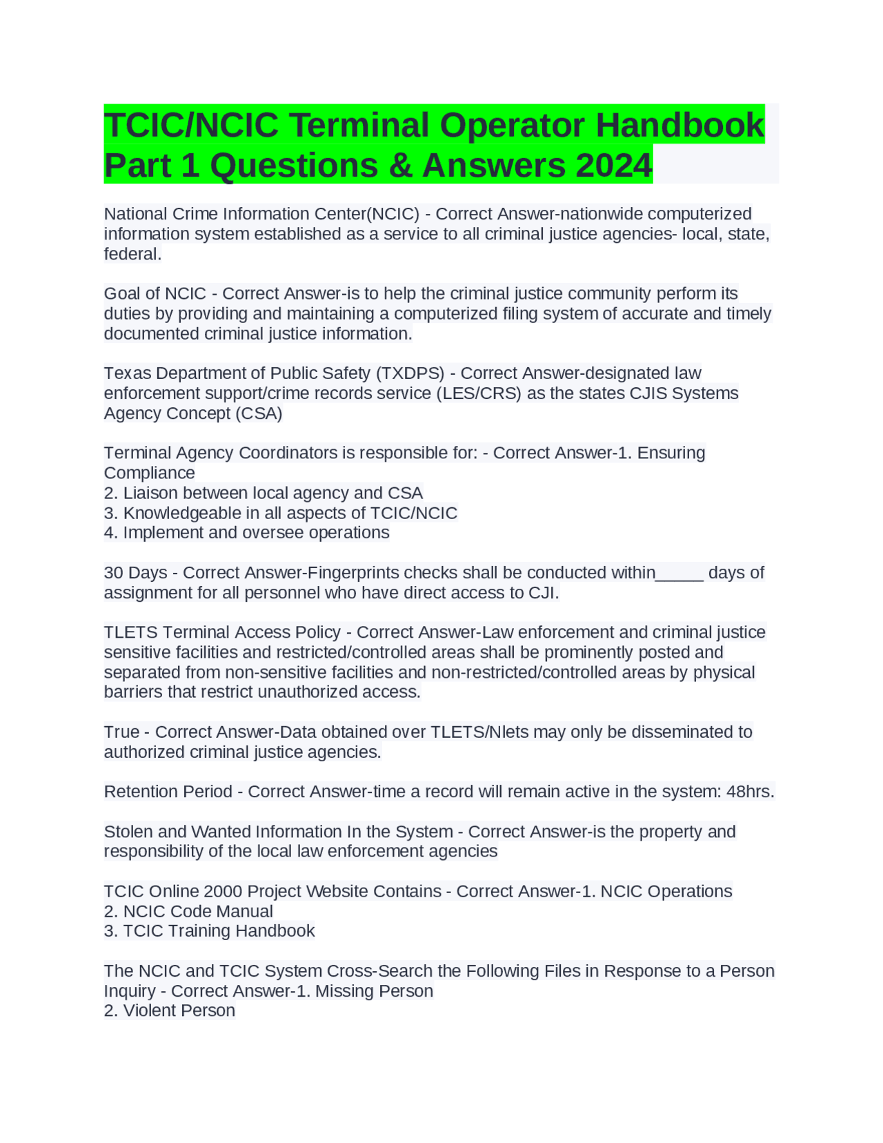 TCIC/NCIC Terminal Operator Handbook - Part 1 Questions & Answers 2024 ...