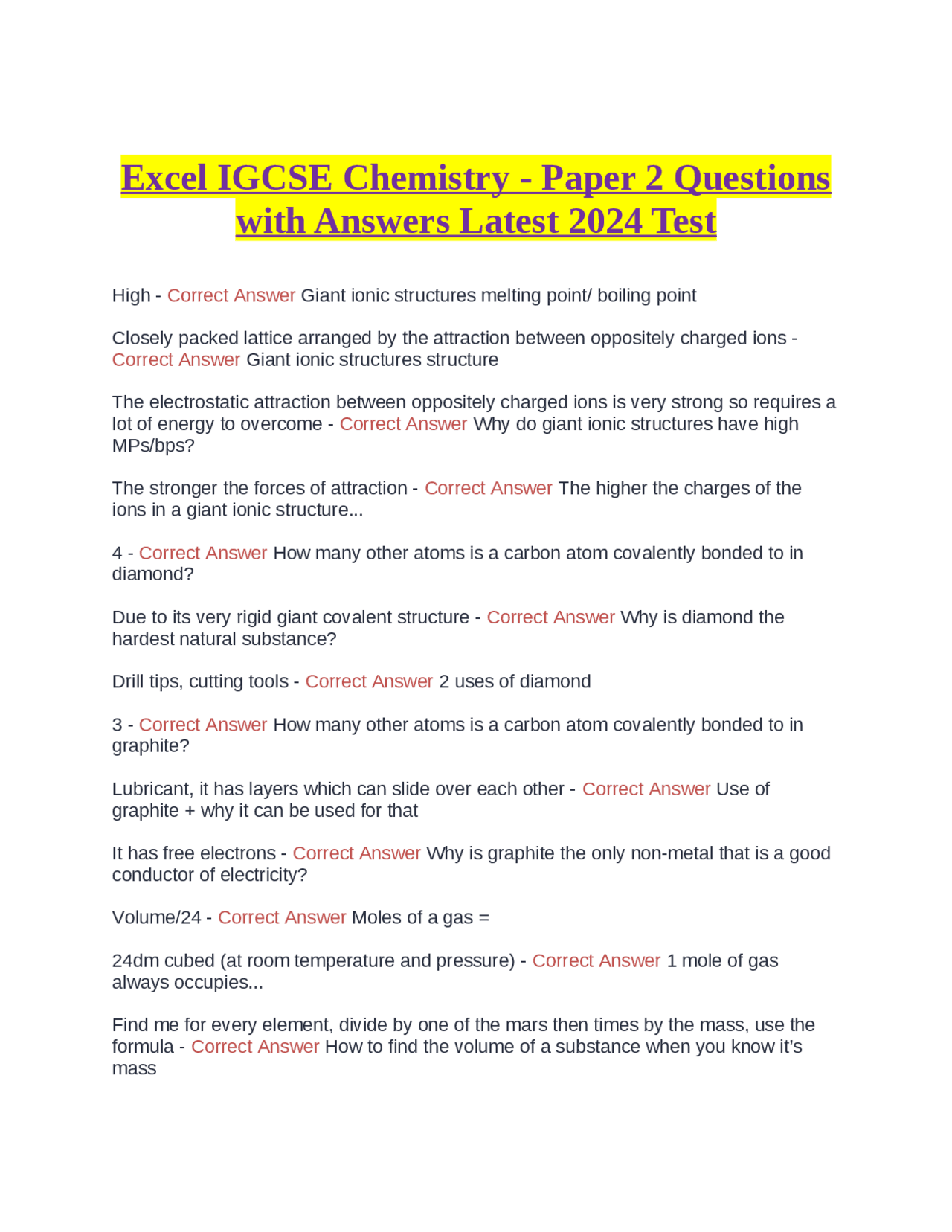 Excel IGCSE Chemistry - Paper 2 Questions with Answers Latest 2024 Test ...