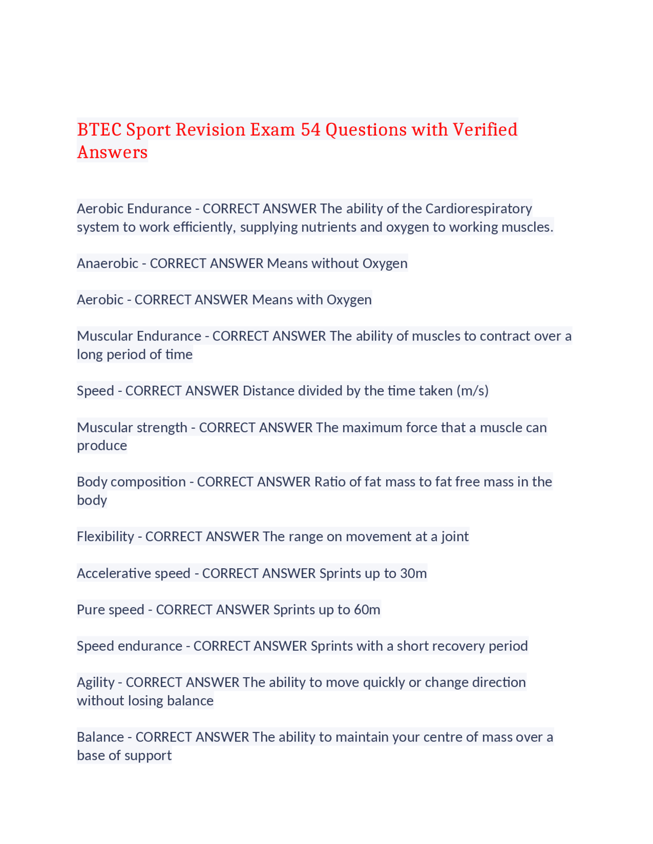 BTEC Sport Revision Exam 54 Questions with Verified Answers,100% ...