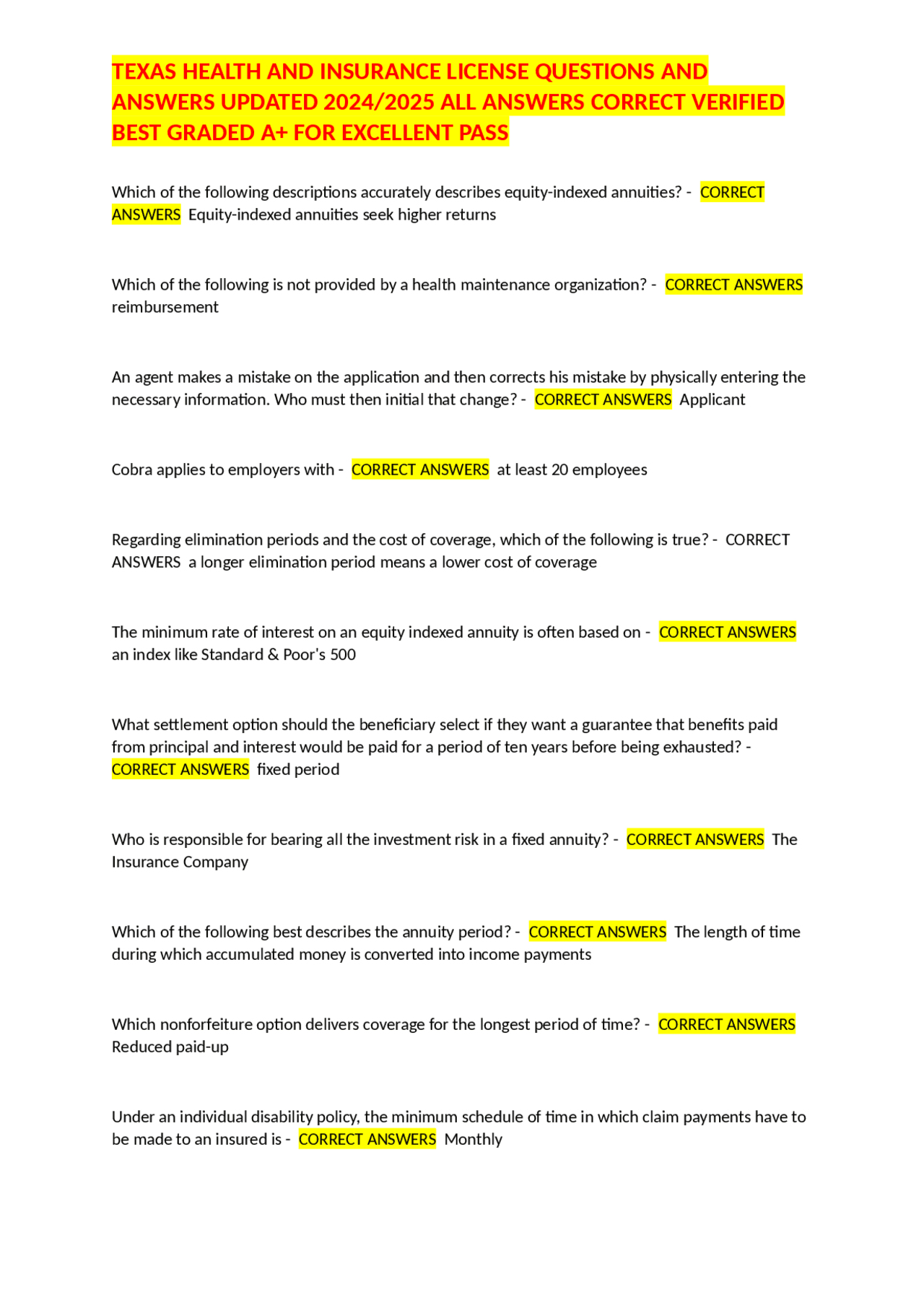 TEXAS HEALTH AND INSURANCE LICENSE QUESTIONS AND ANSWERS UPDATED 2024/ ...