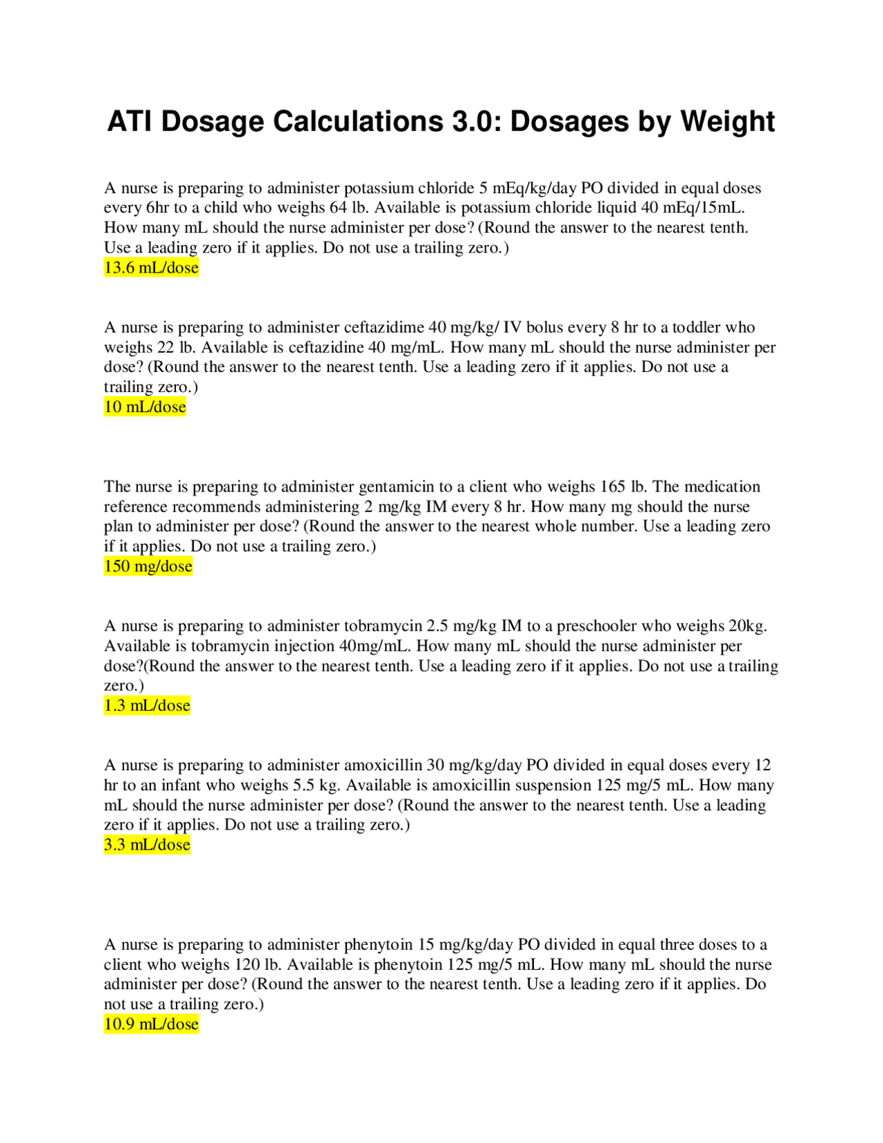 ATI Dosage Calculations 3.0 Dosages by Weight | Exams Nursing | Docsity