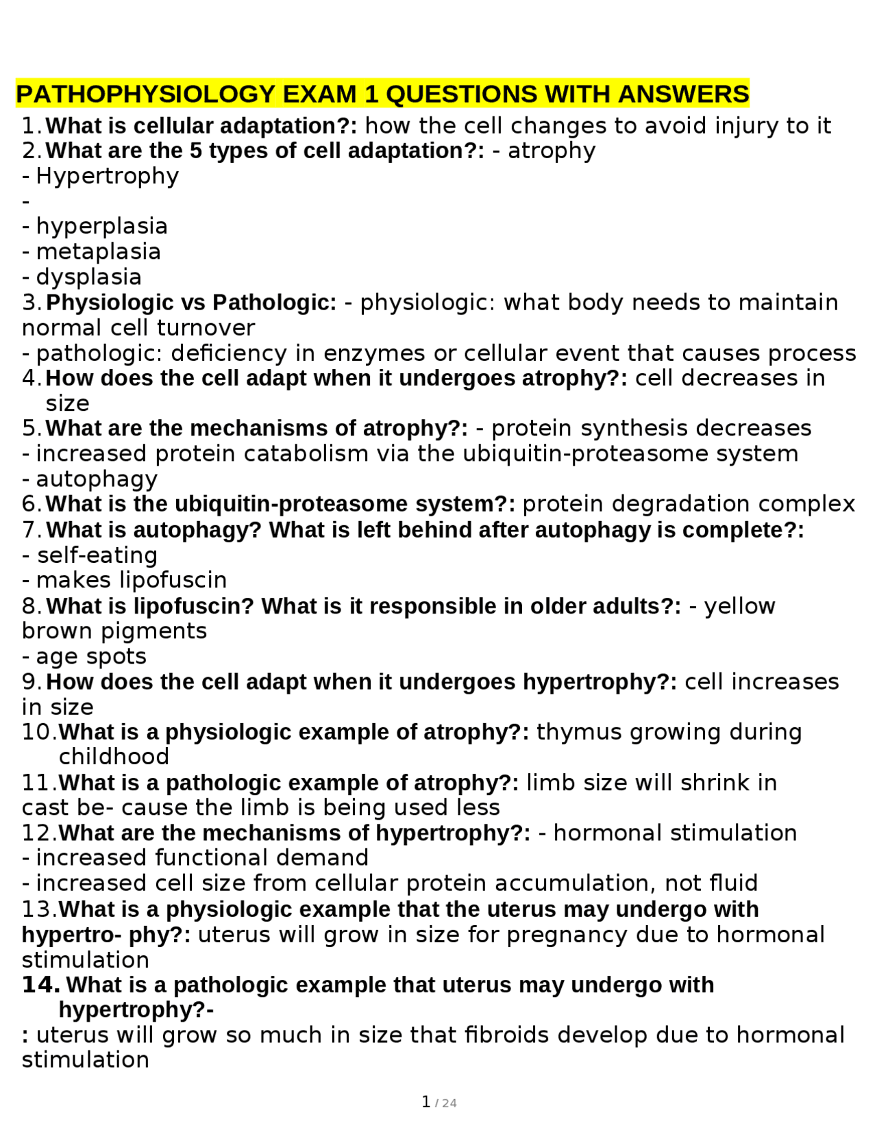PATHOPHYSIOLOGY EXAM 1 QUESTIONS WITH ANSWERS | Exams Pathophysiology | Docsity