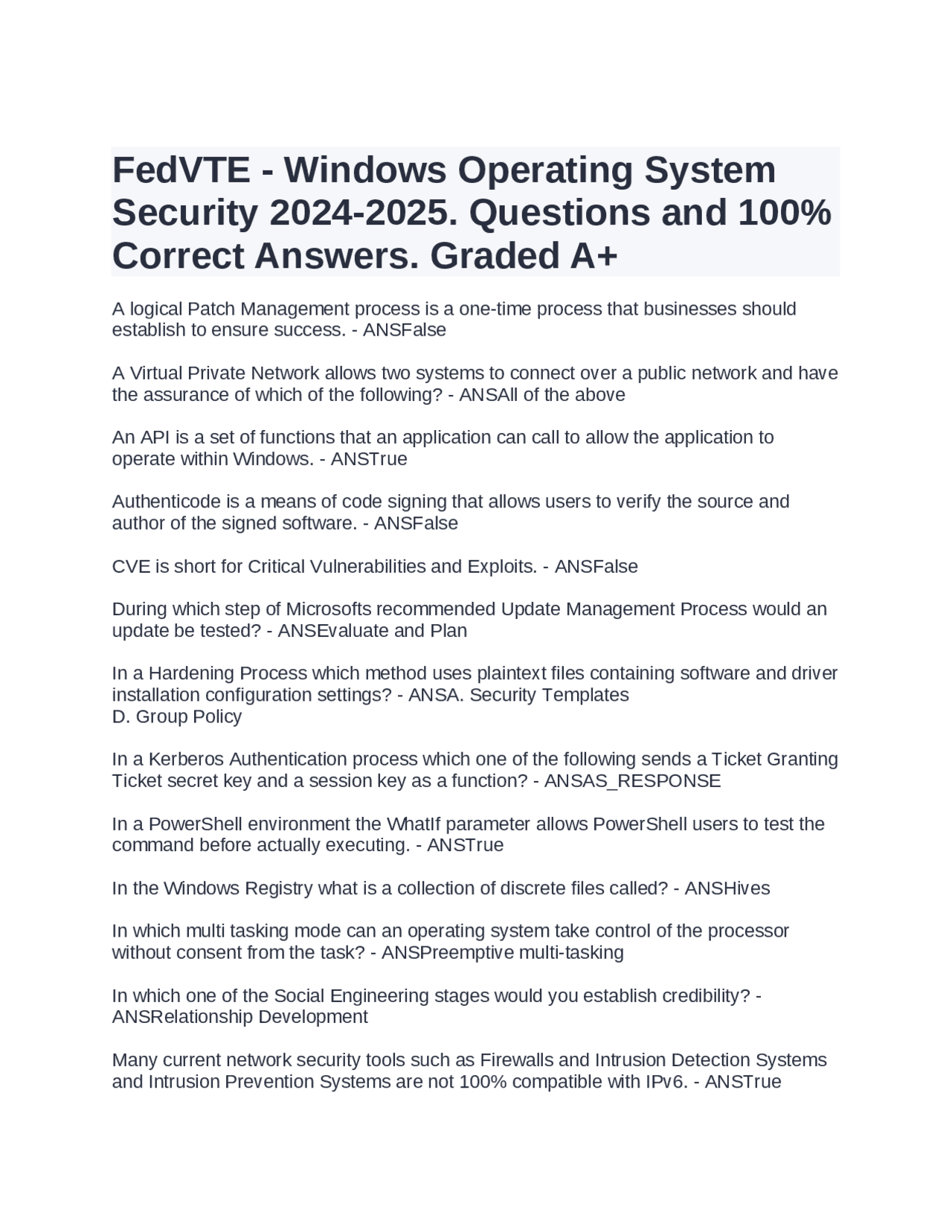 FedVTE - Windows Operating System Security 2024-2025. Questions and ...