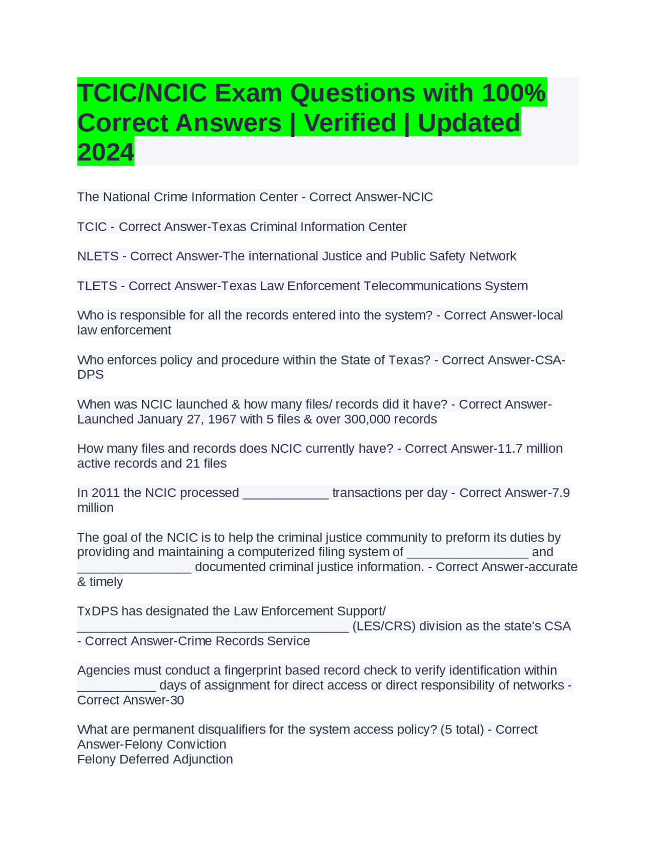 TCIC/NCIC Exam Questions with 100% Correct Answers | Verified | Updated ...