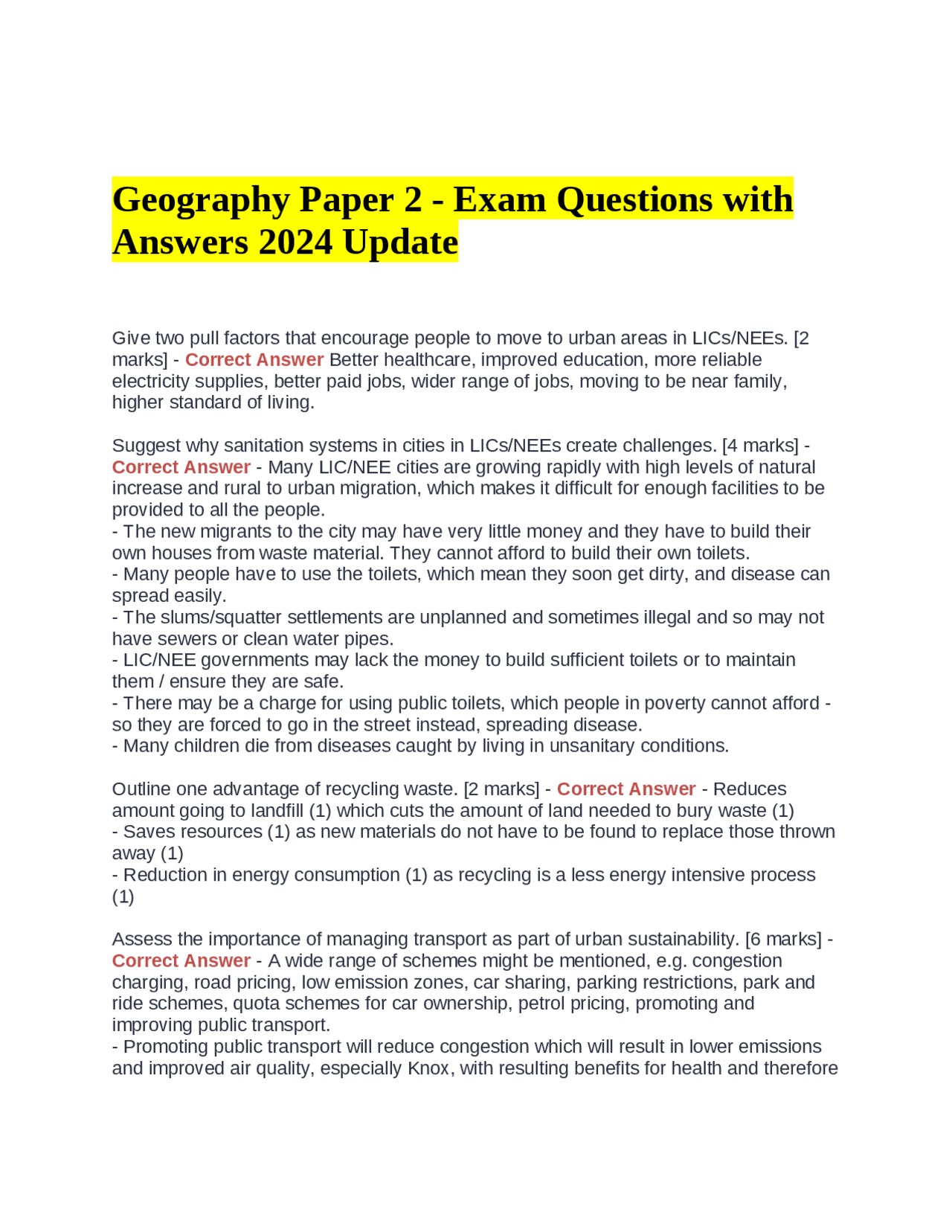 Geography Paper 2 - Exam Questions with Answers 2024 Update | Exams ...