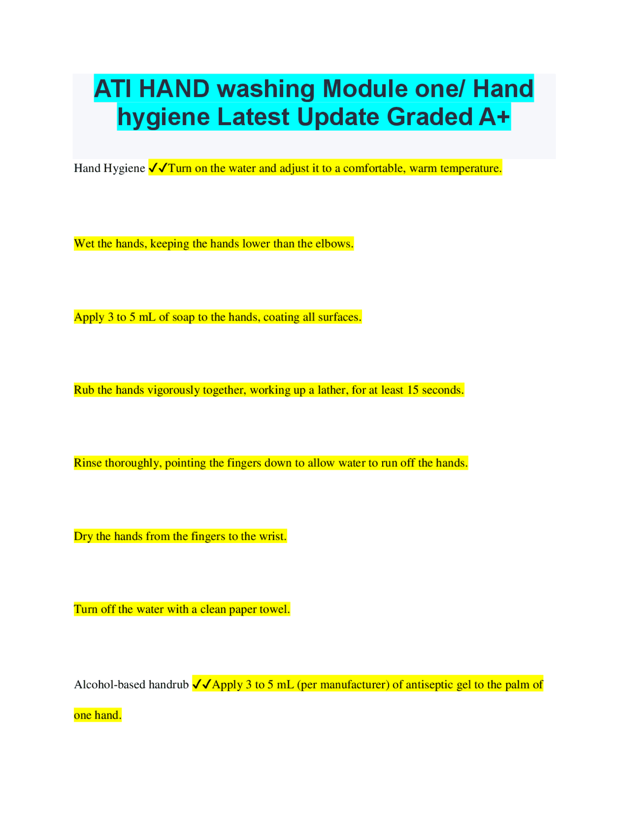 ATI HAND washing Module one/ Hand hygiene Latest Update Graded A+ ...