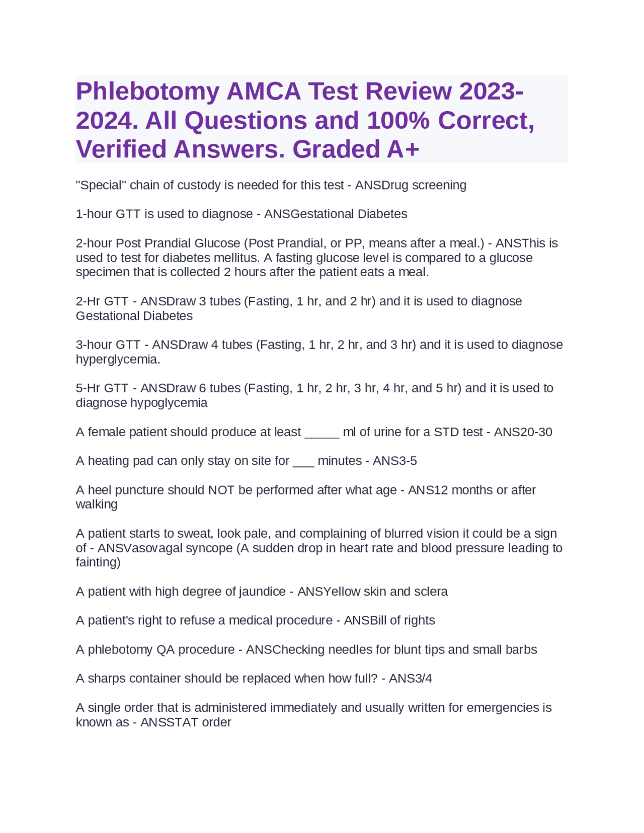 Phlebotomy AMCA Test Review 2023-2024. All Questions and 100% Correct ...