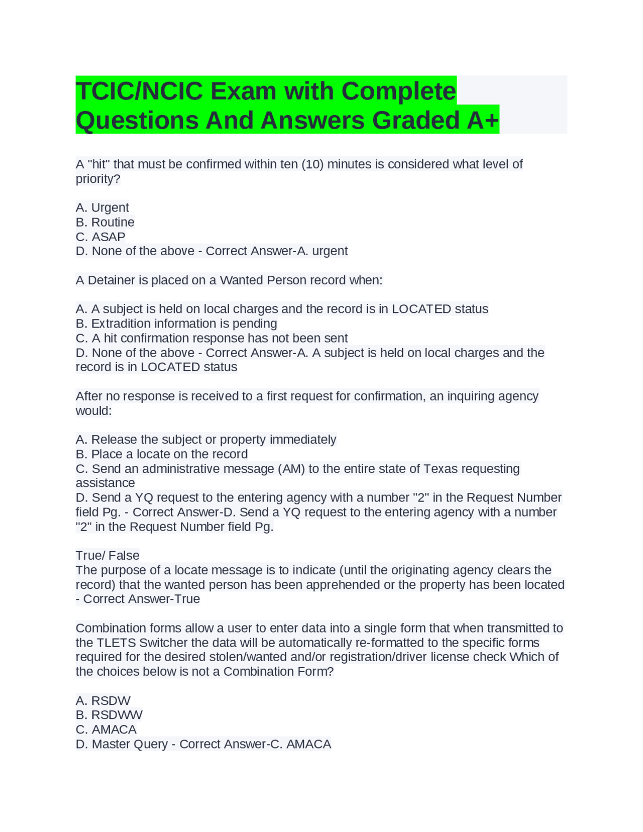 TCIC/NCIC Exam with Complete Questions And Answers Graded A+ | Exams ...