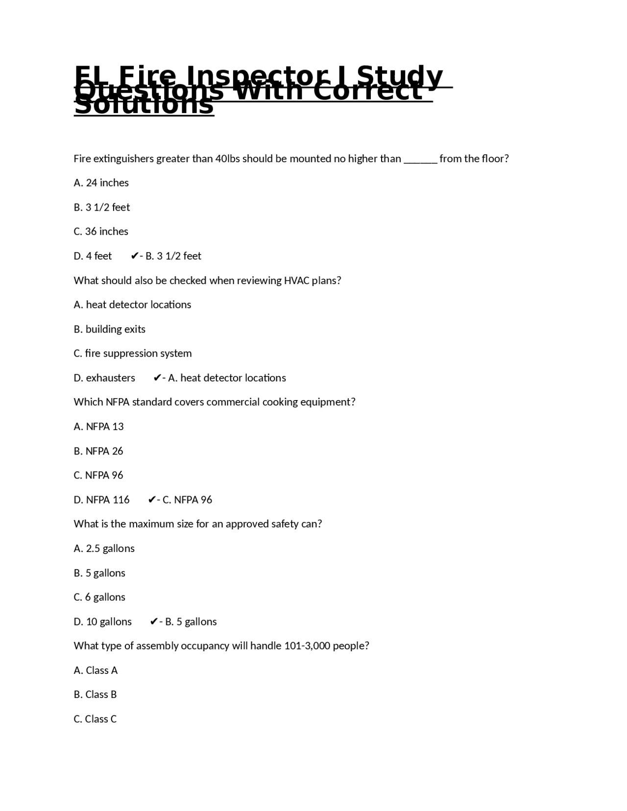 FL Fire Inspector I Study Questions With Correct Solutions | Exams ...