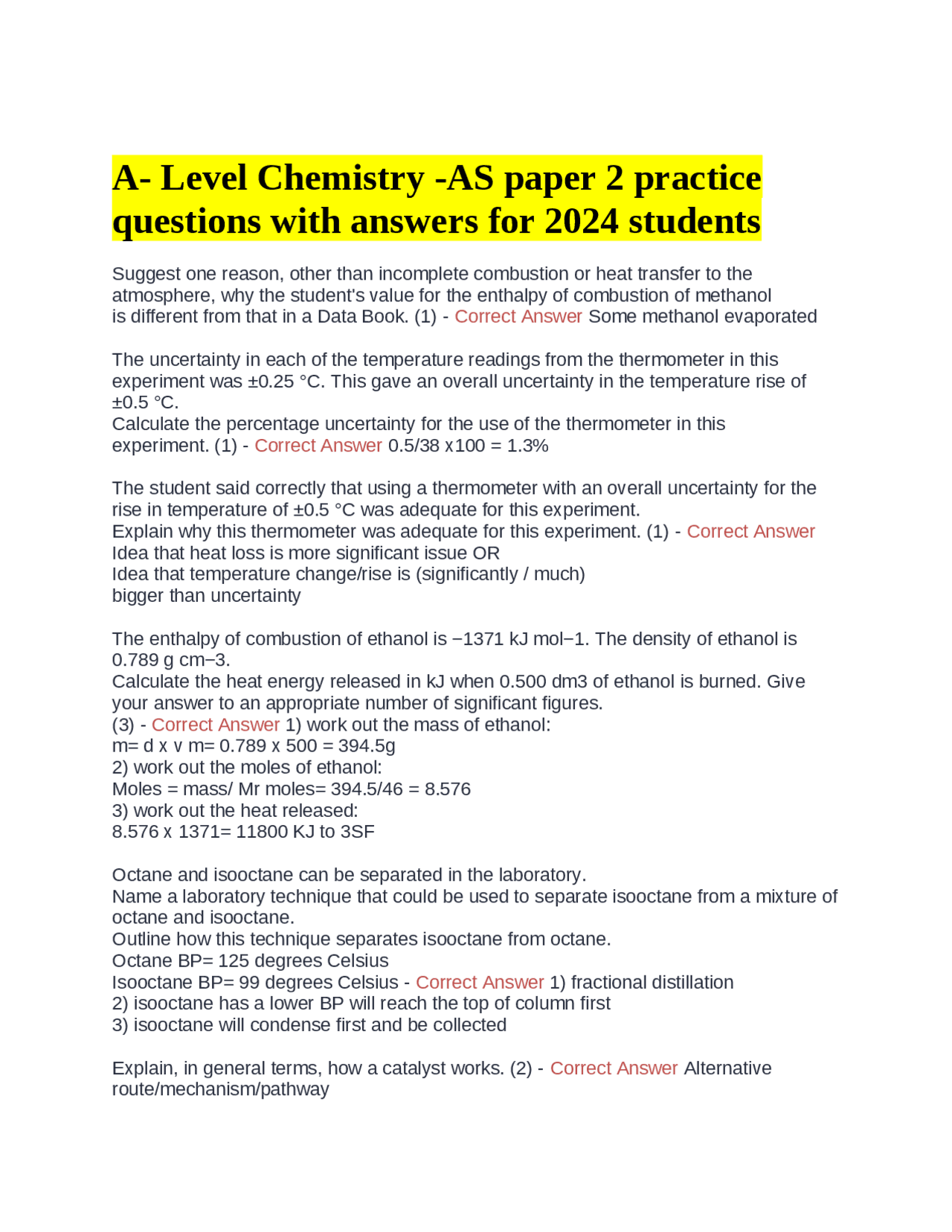 A-Level Chemistry Practice Questions and Answers for 2024 Students ...