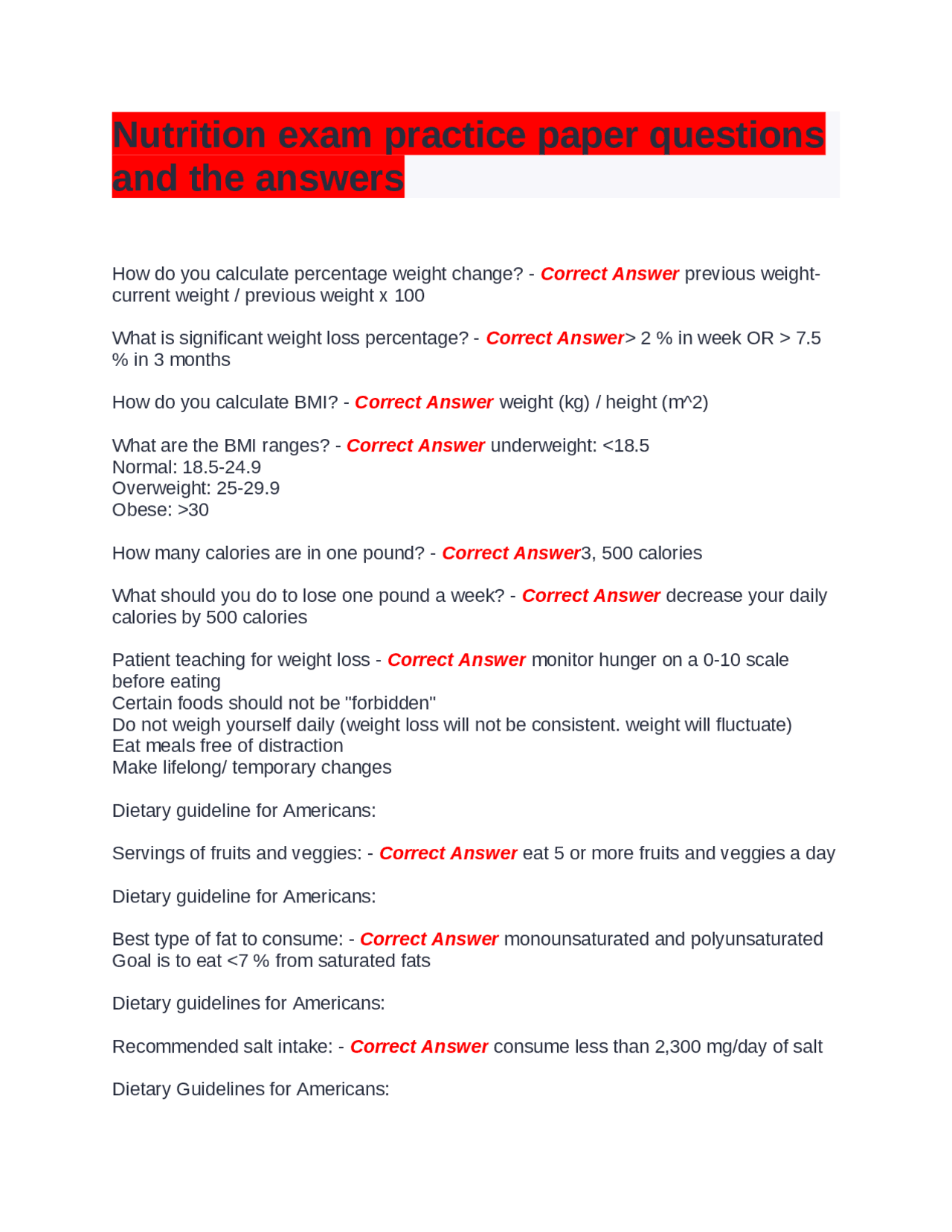 Nutrition exam practice paper questions and the answers | Exams ...