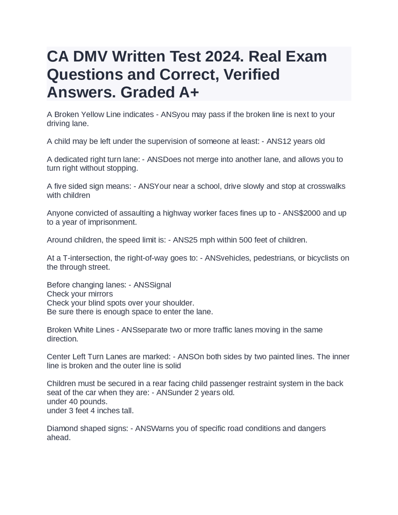CA DMV Written Test 2024. Real Exam Questions and Correct, Verified ...