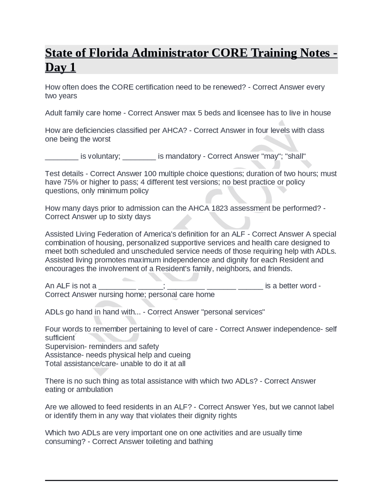 State of Florida Administrator CORE Training Notes - Day 1 | Exams ...