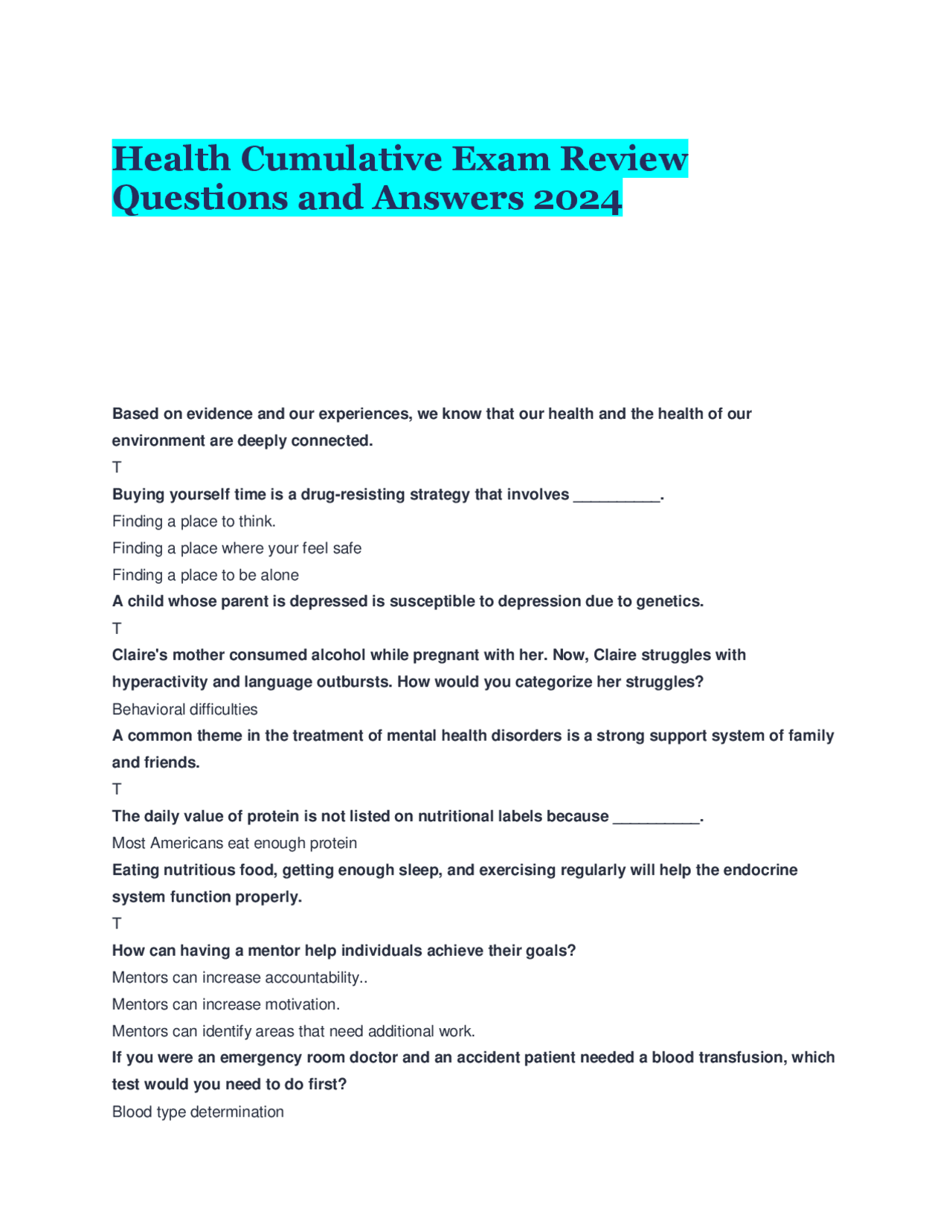 Health Cumulative Exam Review Questions and Answers 2024 | Exams Health ...