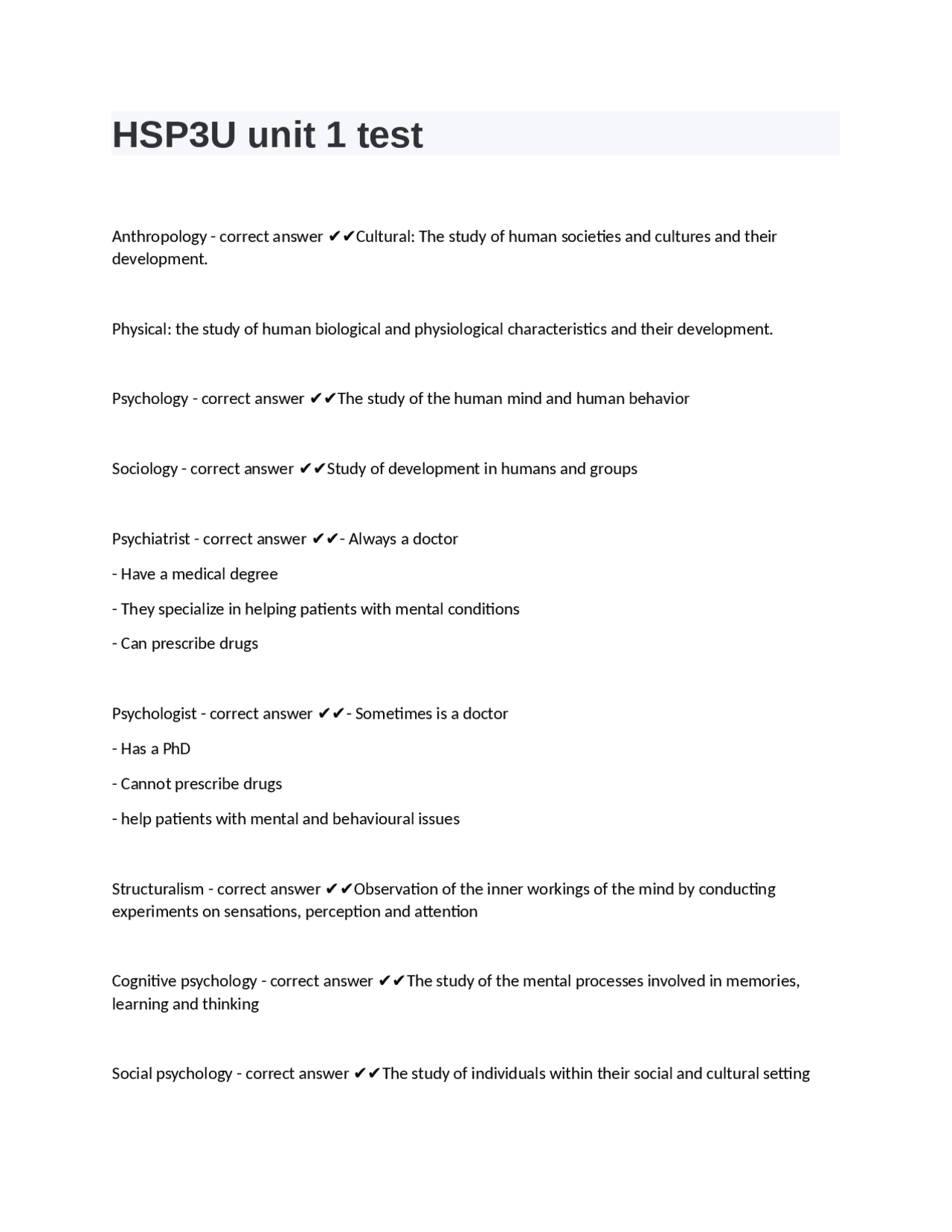 HSP3U unit 1 test questions/ answers | Exams Nursing | Docsity