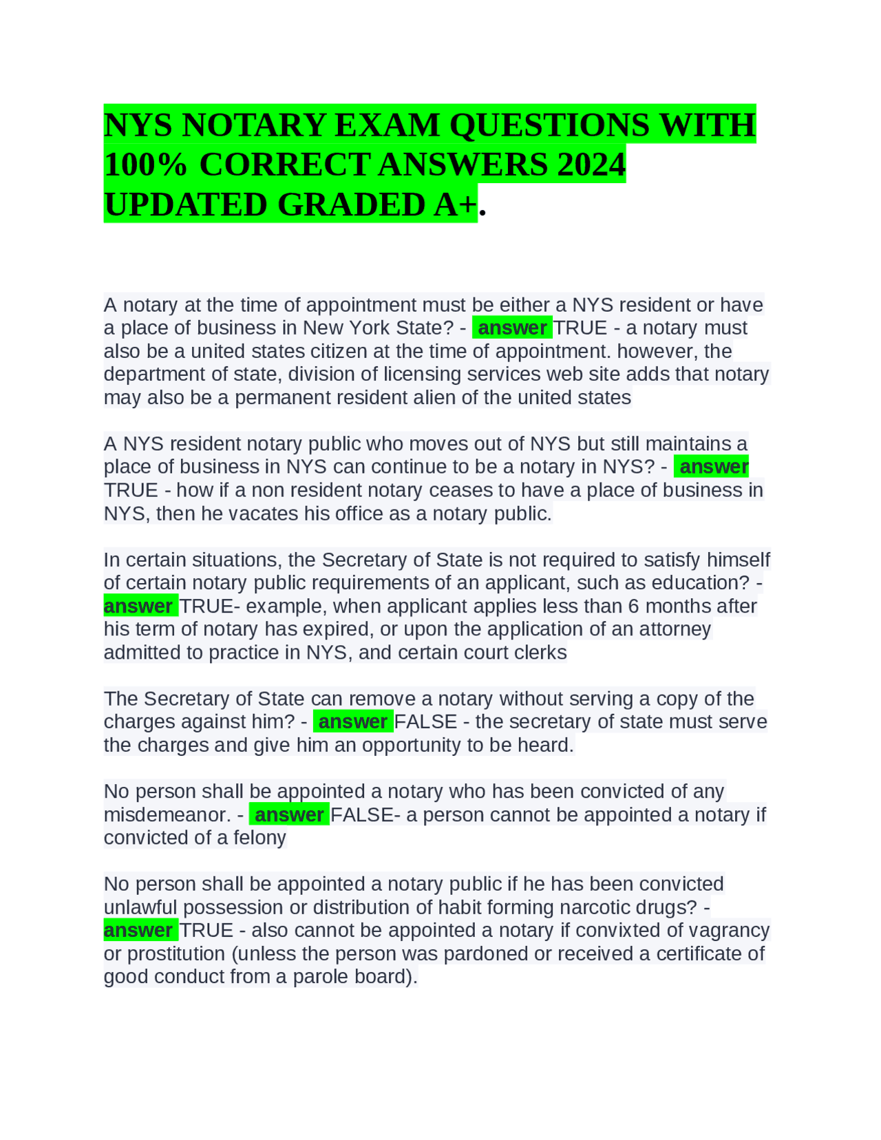 NYS NOTARY EXAM QUESTIONS WITH 100% CORRECT ANSWERS 2024 UPDATED GRADED ...