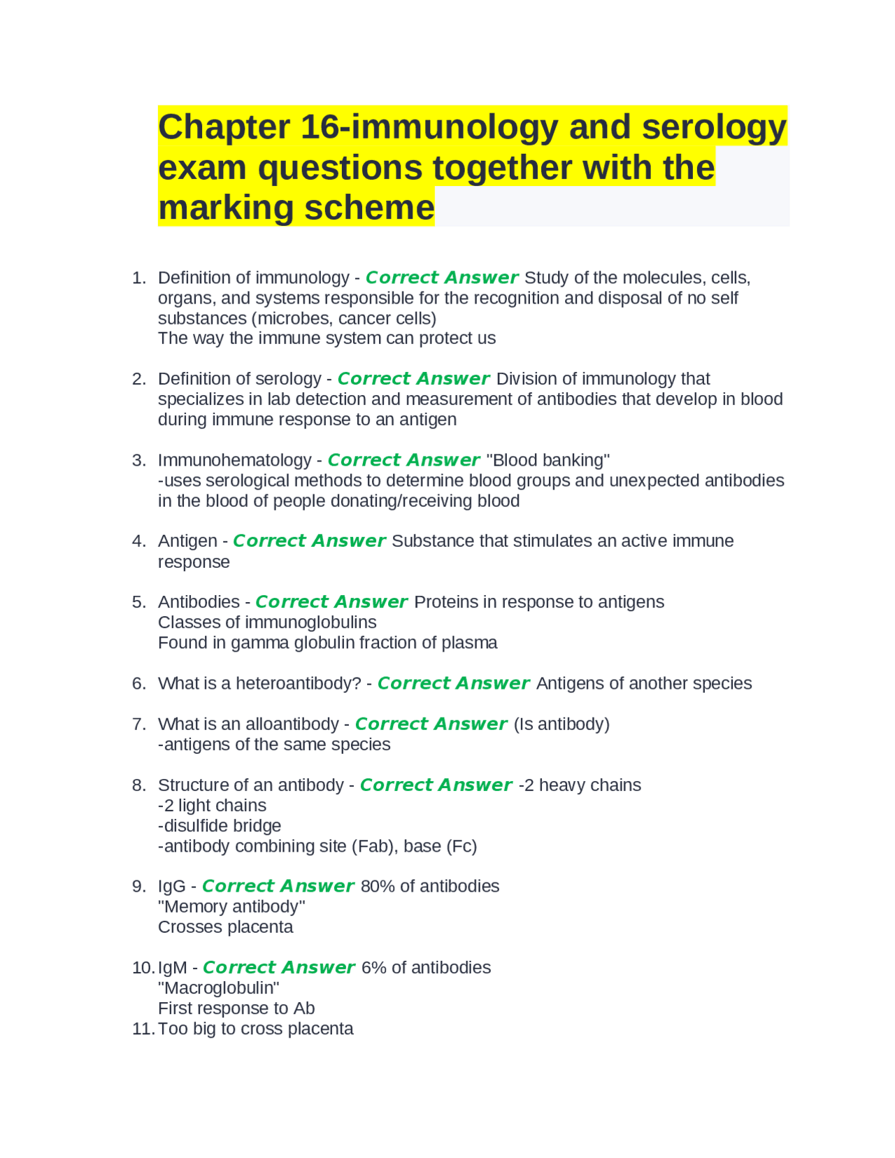 Chapter 16-immunology and serology exam questions together with the ...
