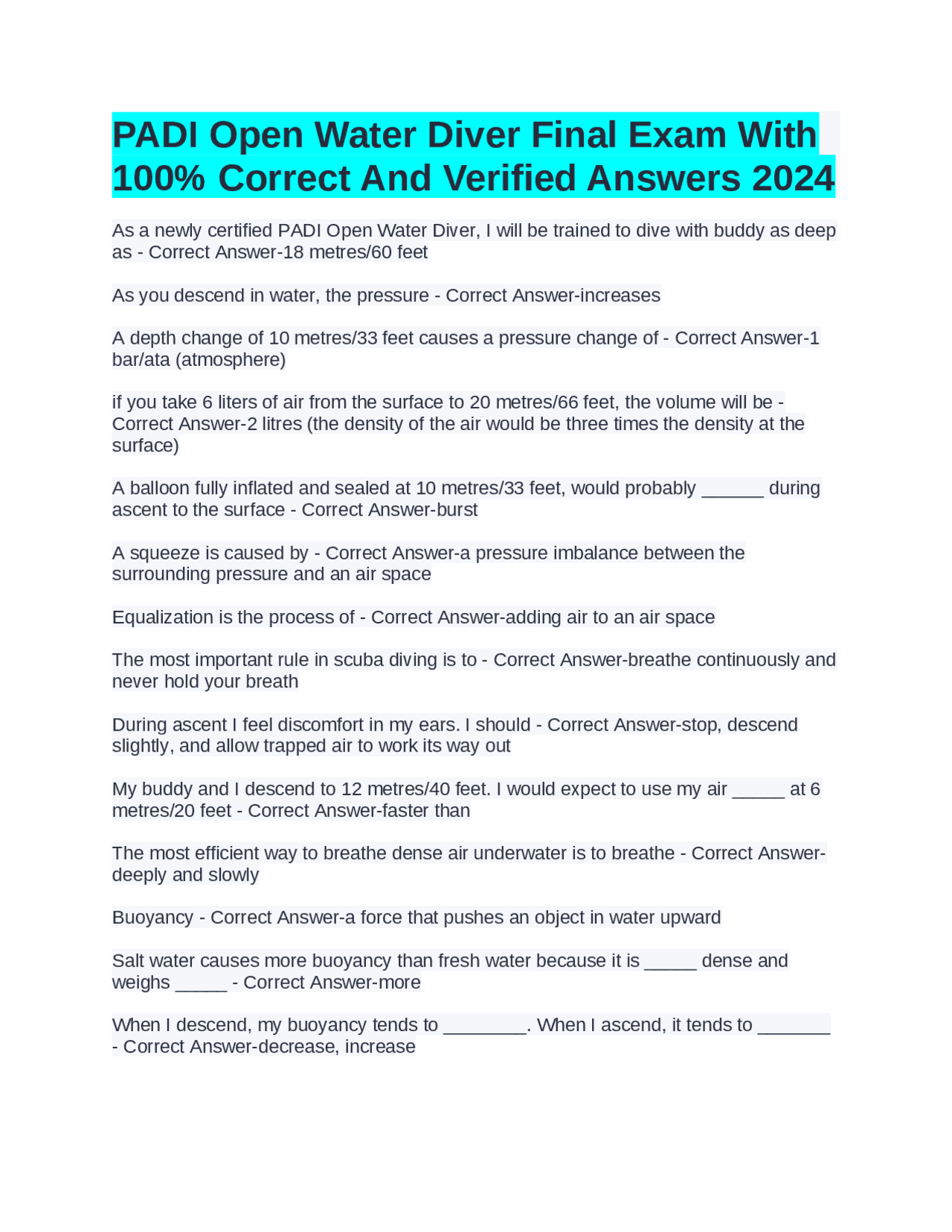 PADI Open Water Diver Final Exam With 100% Correct And Verified Answers ...