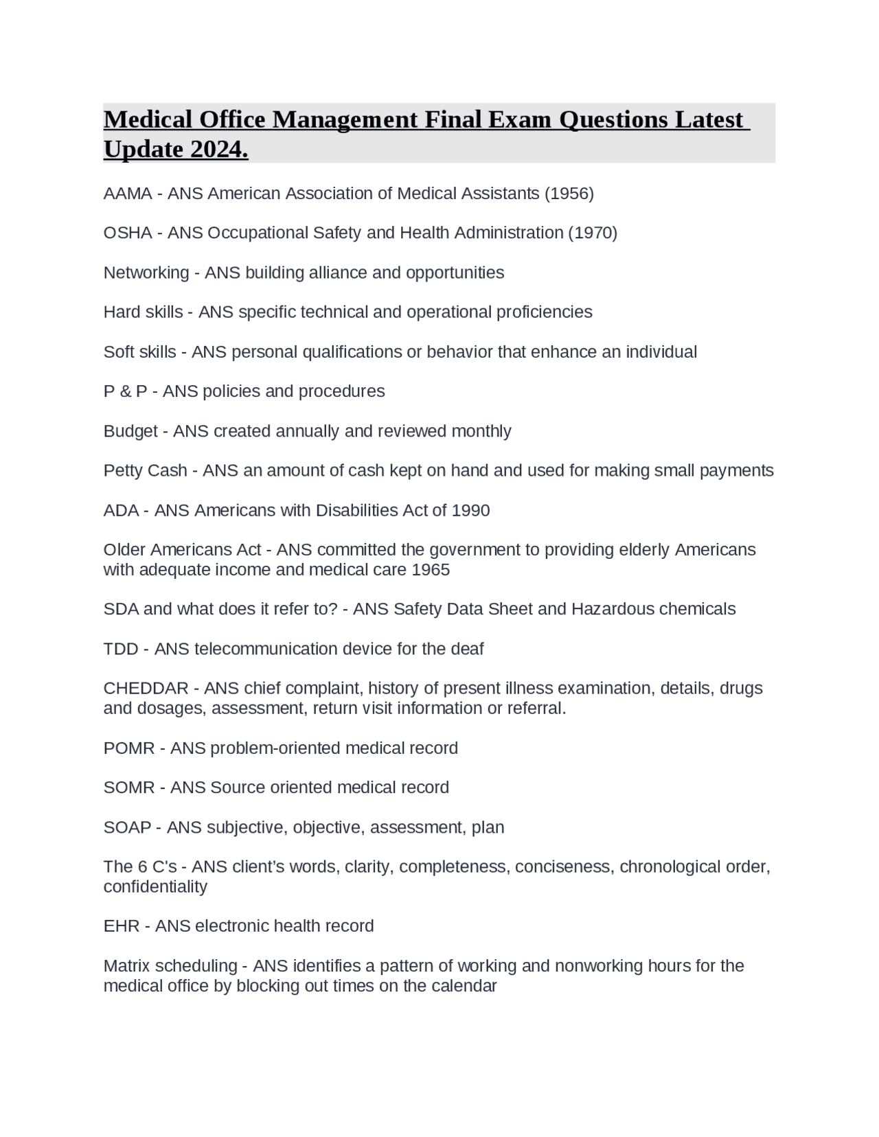 Medical Office Management Final Exam Questions | Exams MS Microsoft ...