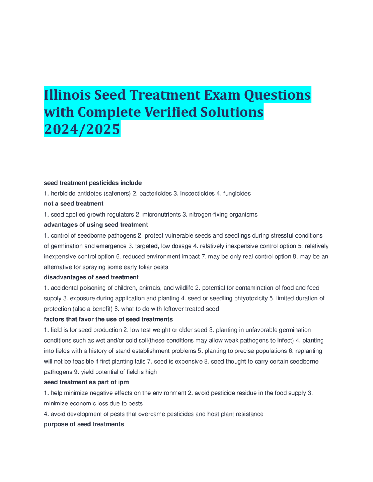 Illinois Seed Treatment Exam Questions with Complete Verified Solutions ...