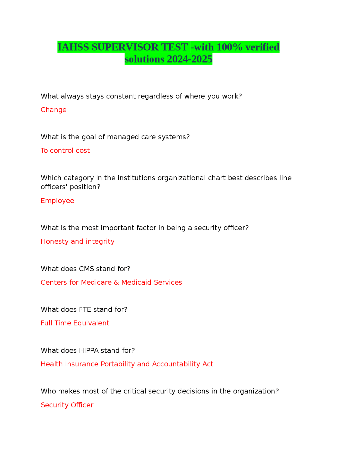 IAHSS SUPERVISOR TEST -with 100% verified solutions 2024-2025 | Exams ...