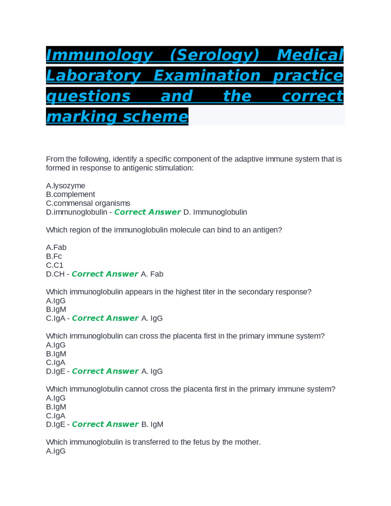 Immunology (Serology) Medical Laboratory Examination Practice Questions ...