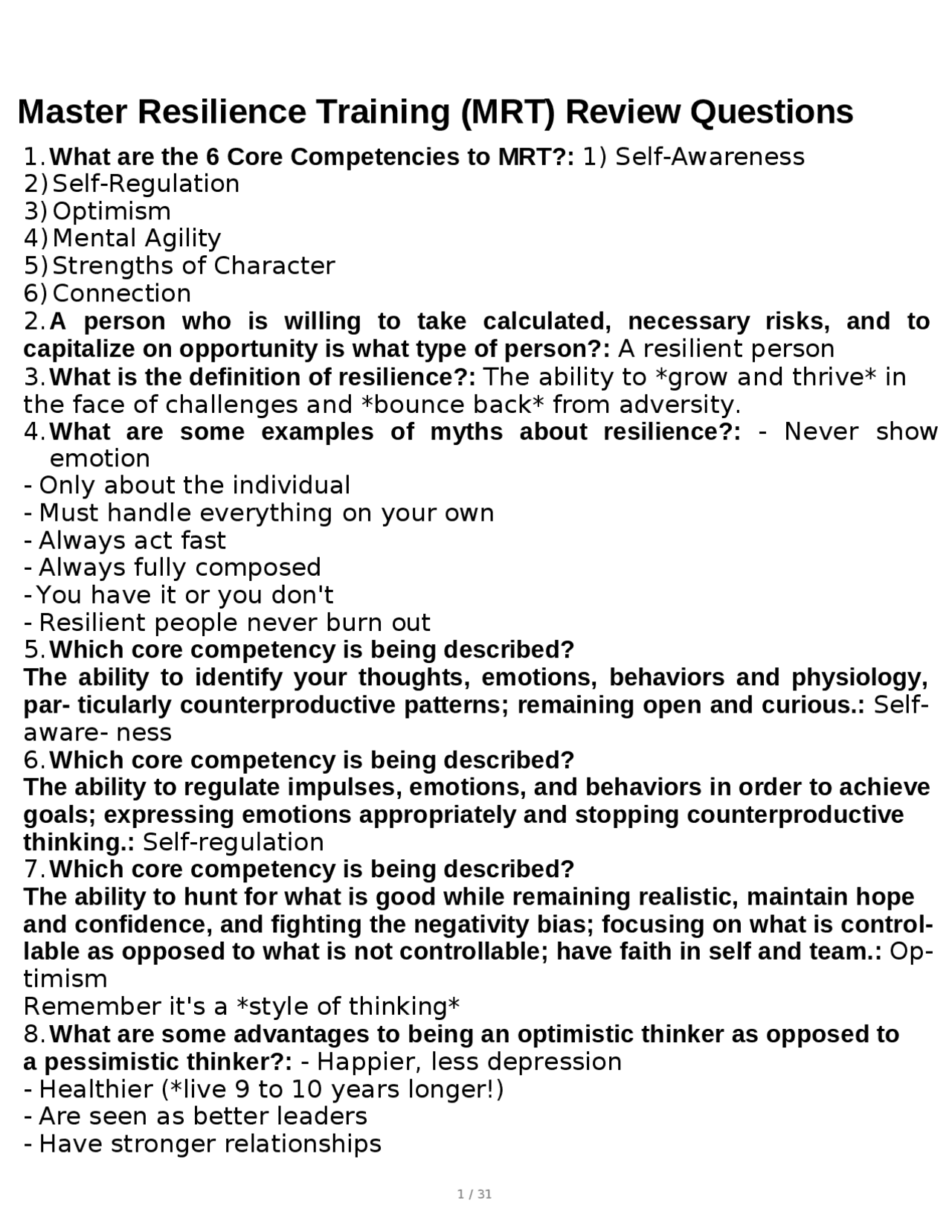 Master Resilience Training (MRT) Review Questions | Exams Psychology ...