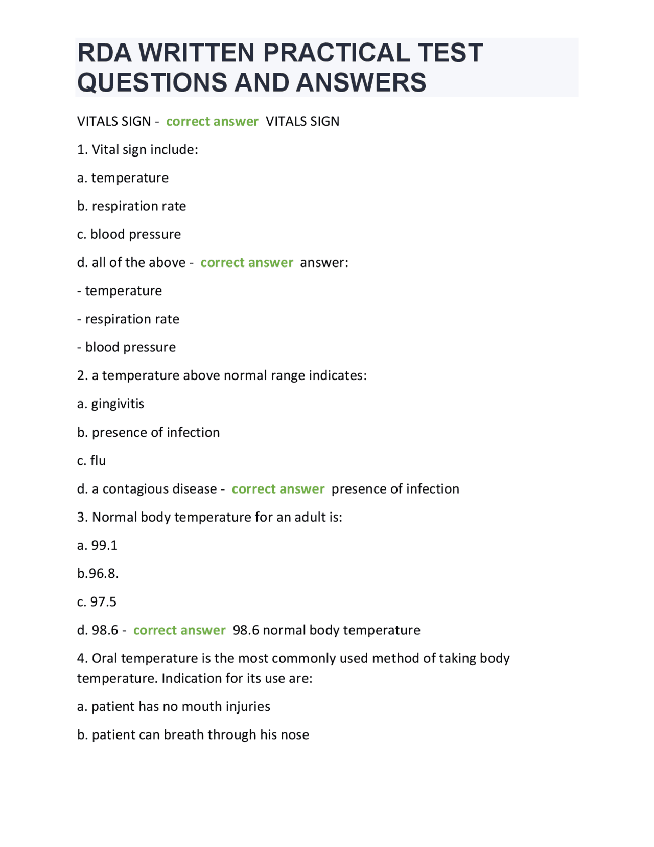RDA Written Practical Test: Questions and Answers | Exams Nursing | Docsity