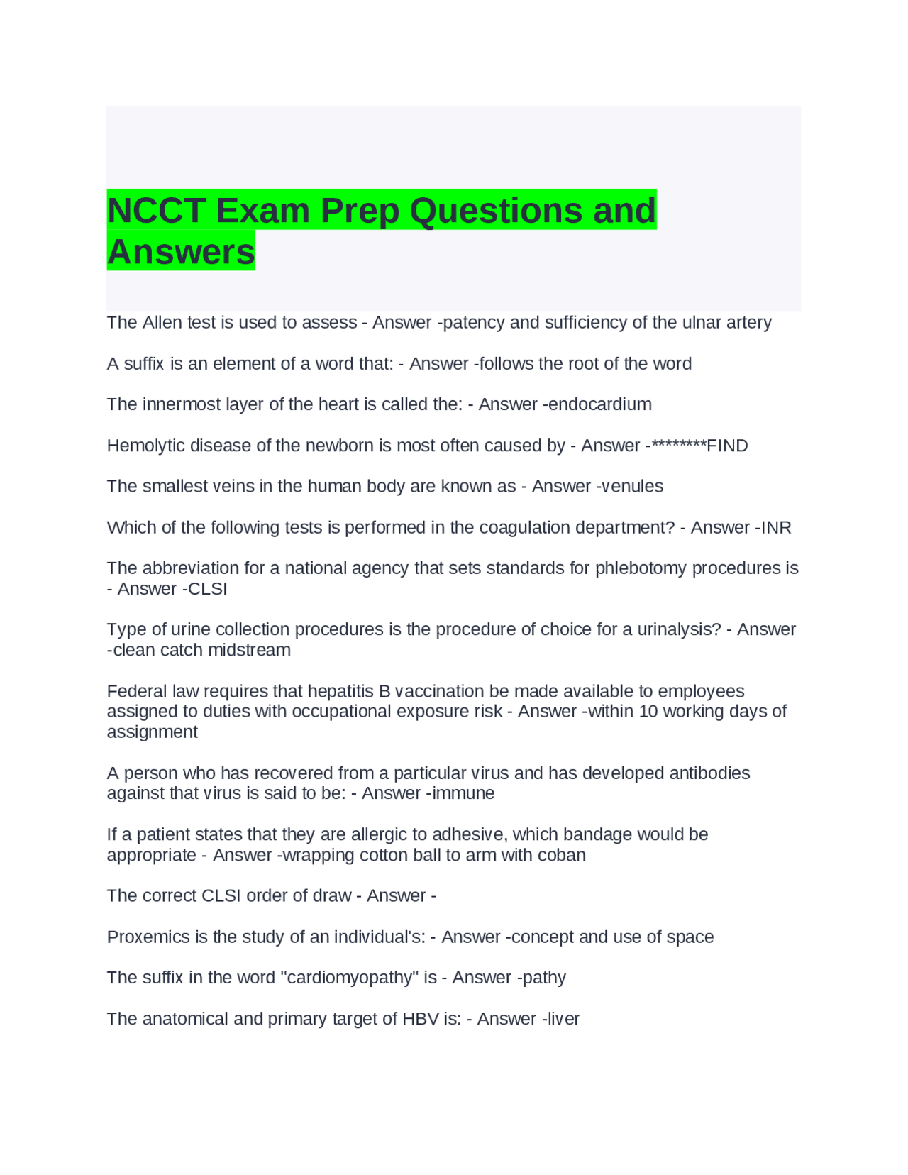 NCCT Exam Prep Questions and Answers | Exams Advanced Education | Docsity