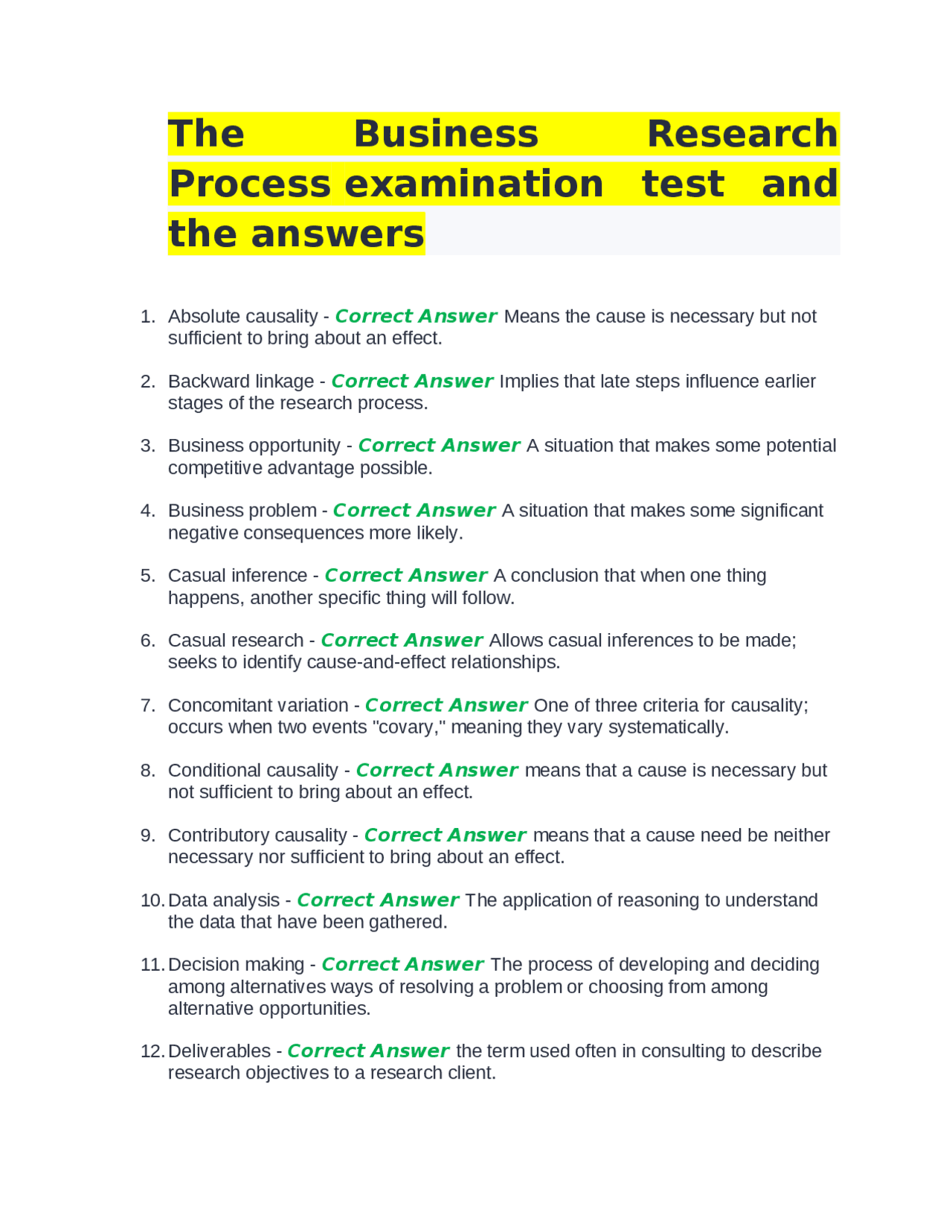 The Business Research Process examination test and the answers | Exams ...