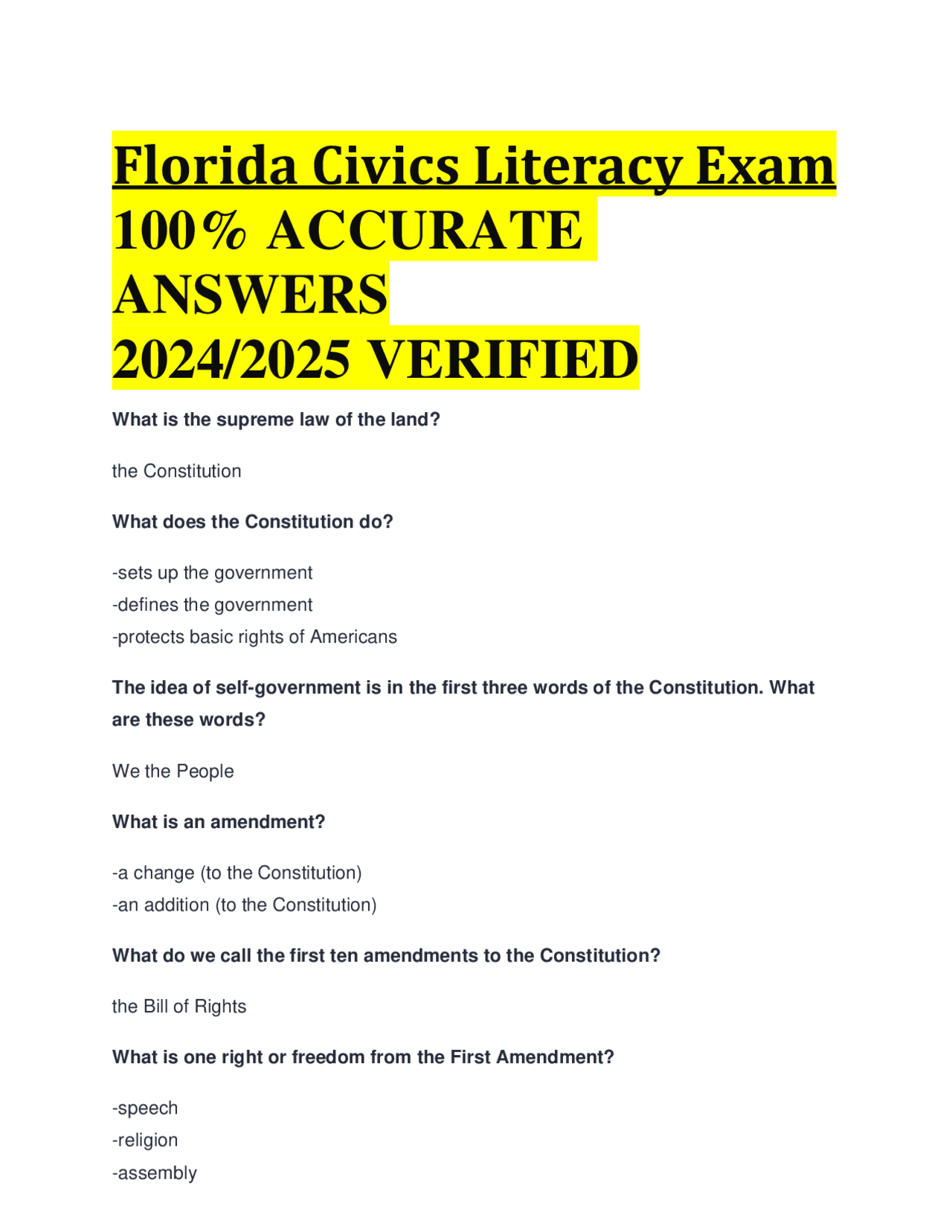 Florida Civics Literacy Exam 100% ACCURATE ANSWERS 2024/2025 VERIFIED ...