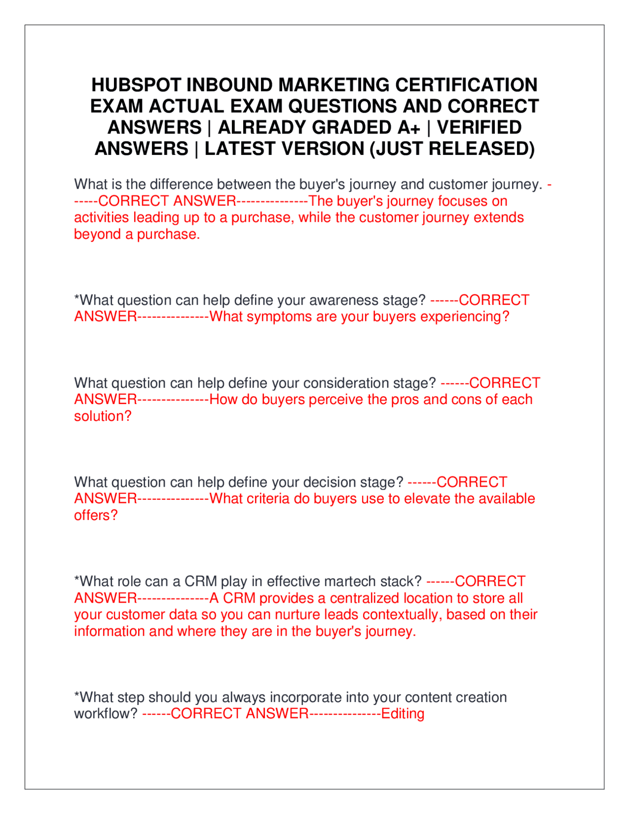 HUBSPOT INBOUND MARKETING CERTIFICATION EXAM ACTUAL EXAM QUESTIONS AND ...