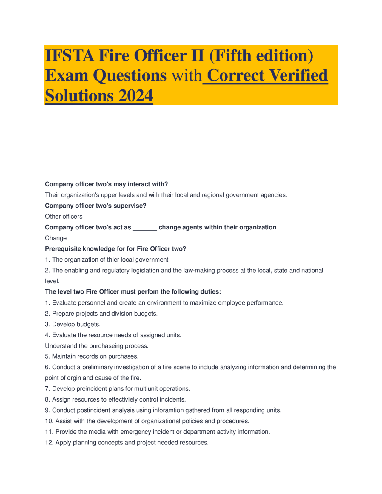 IFSTA Fire Officer II (Fifth edition) Exam Questions with Correct ...