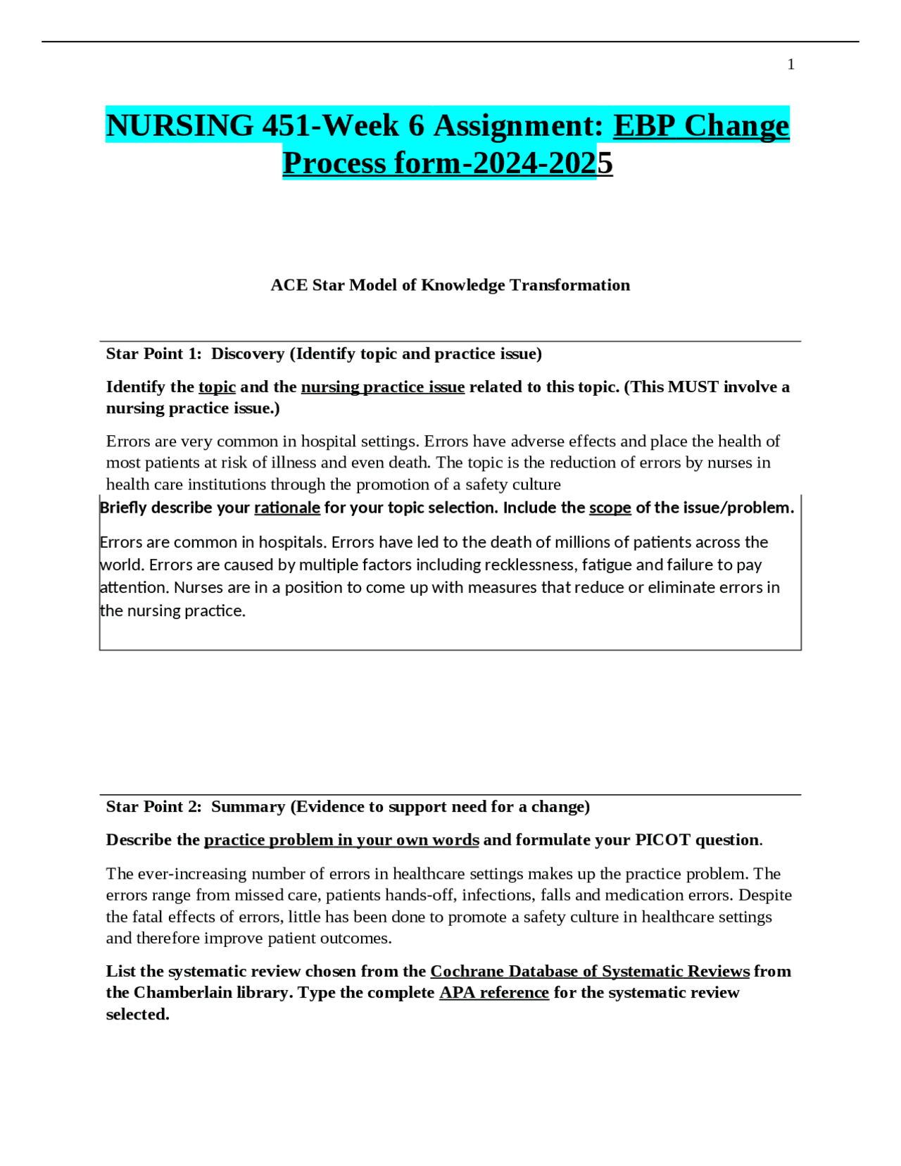 NURSING 451-Week 6 Assignment- EBP Change Process form-2024-2025 .docx | Exams Nursing | Docsity