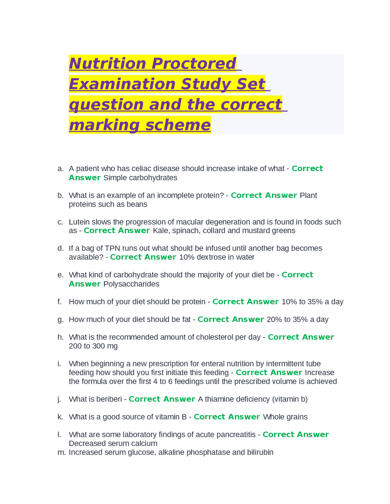 Nutrition Proctored Examination Study Set question and the correct ...